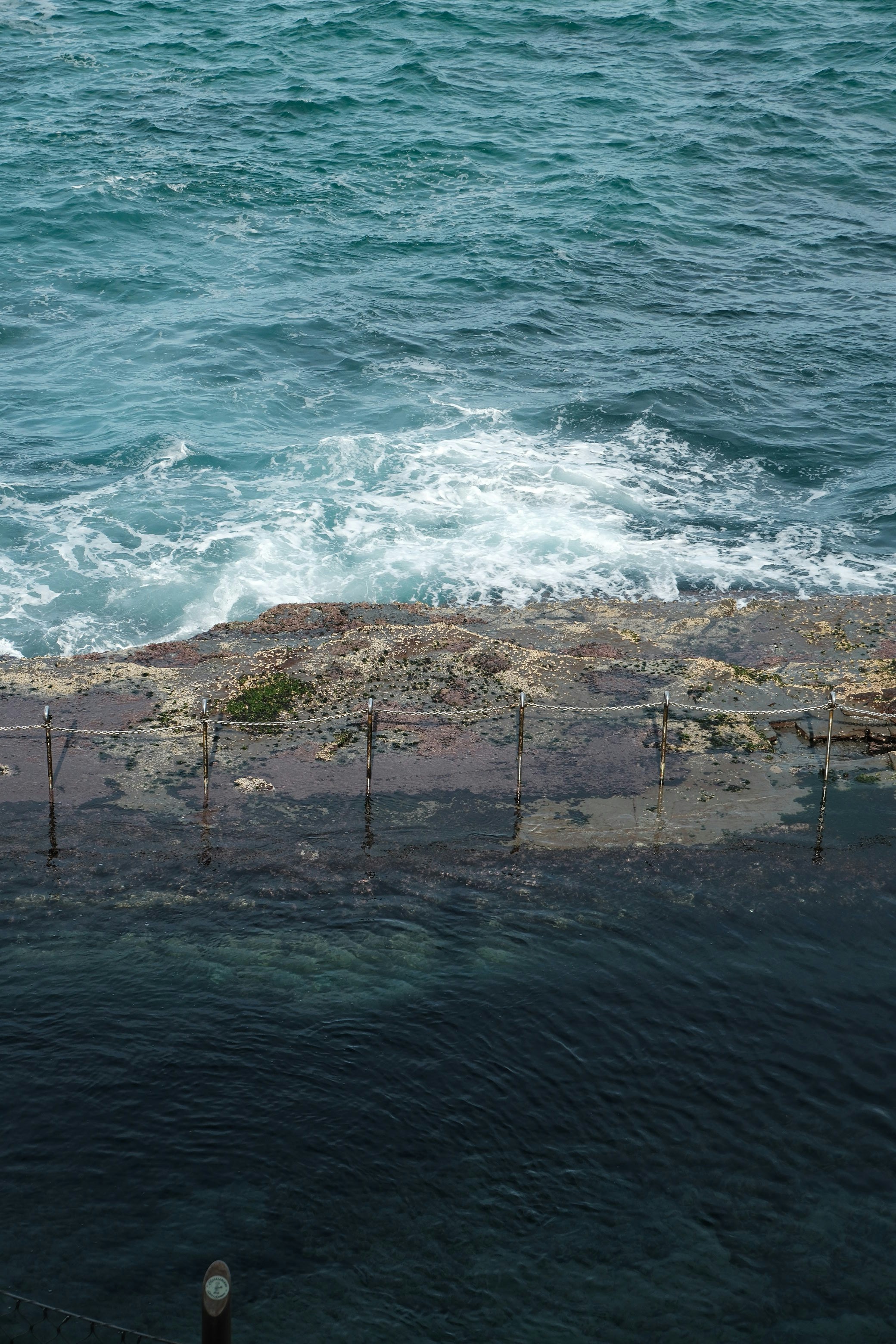 Rope barrier along sunlit tidal edge