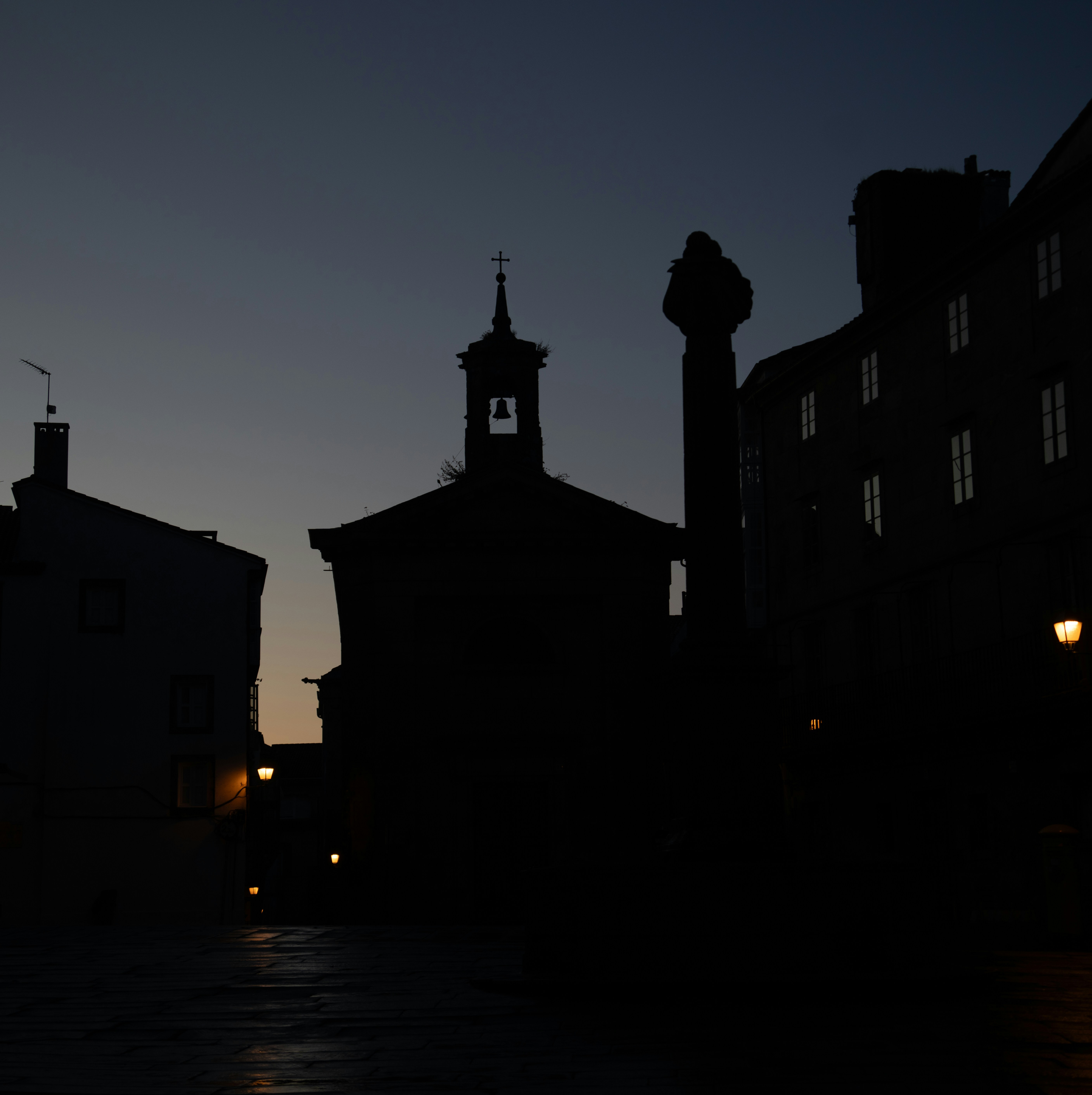 Silhouette of a Historic Square at Dusk