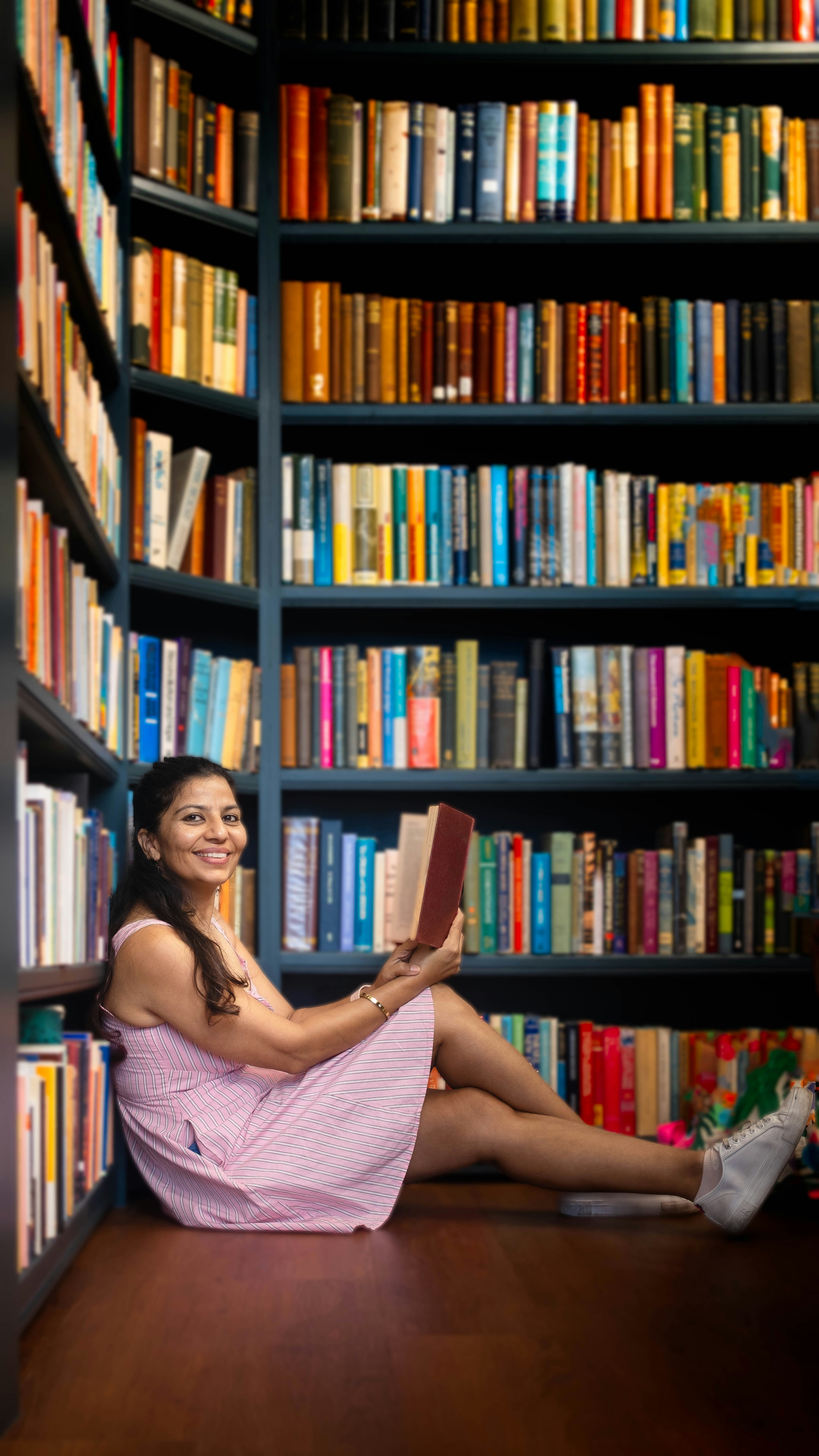 Quiet Library Portrait: Reading Corner in Colorful Stacks