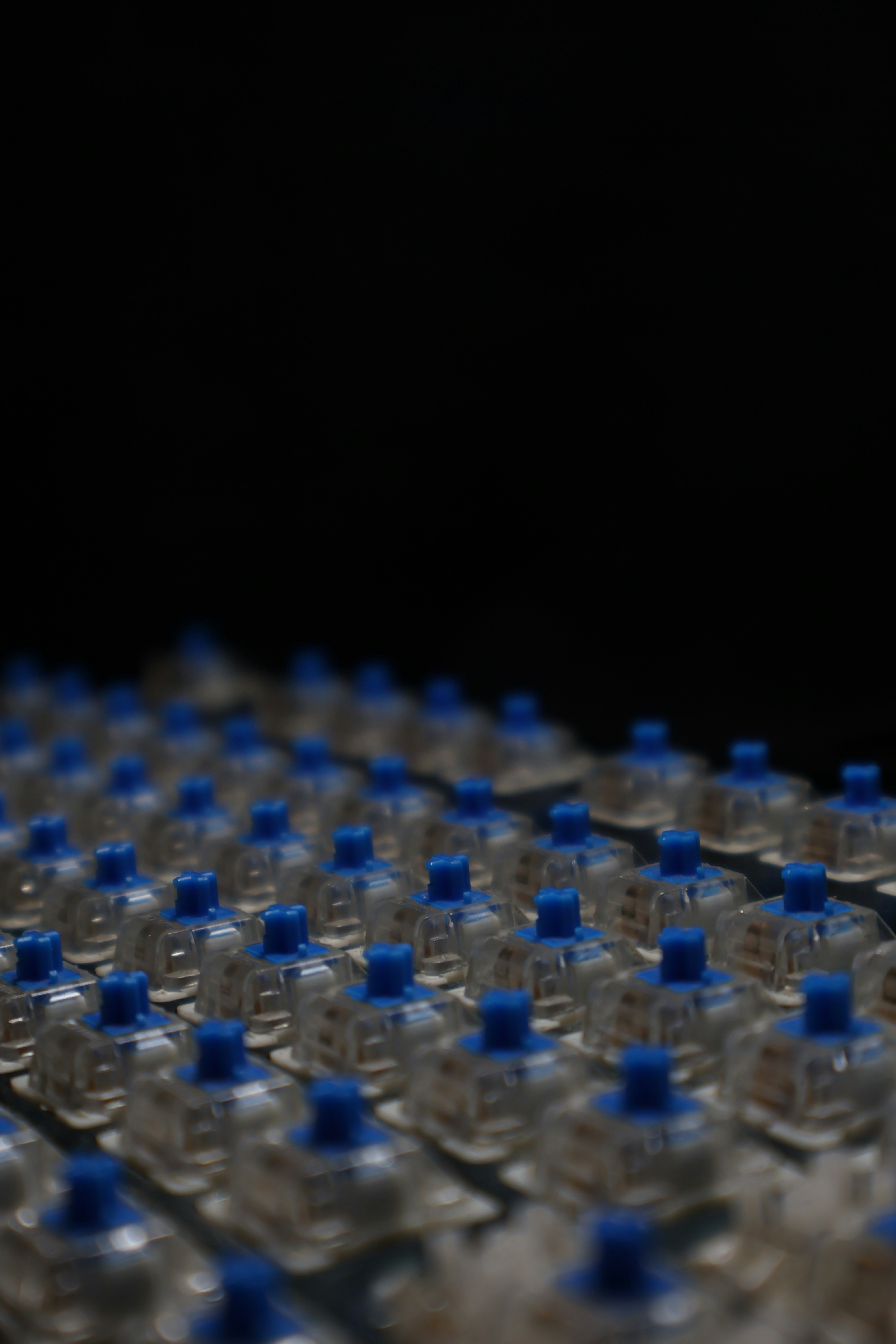 Row of sealed water bottles under dim lighting