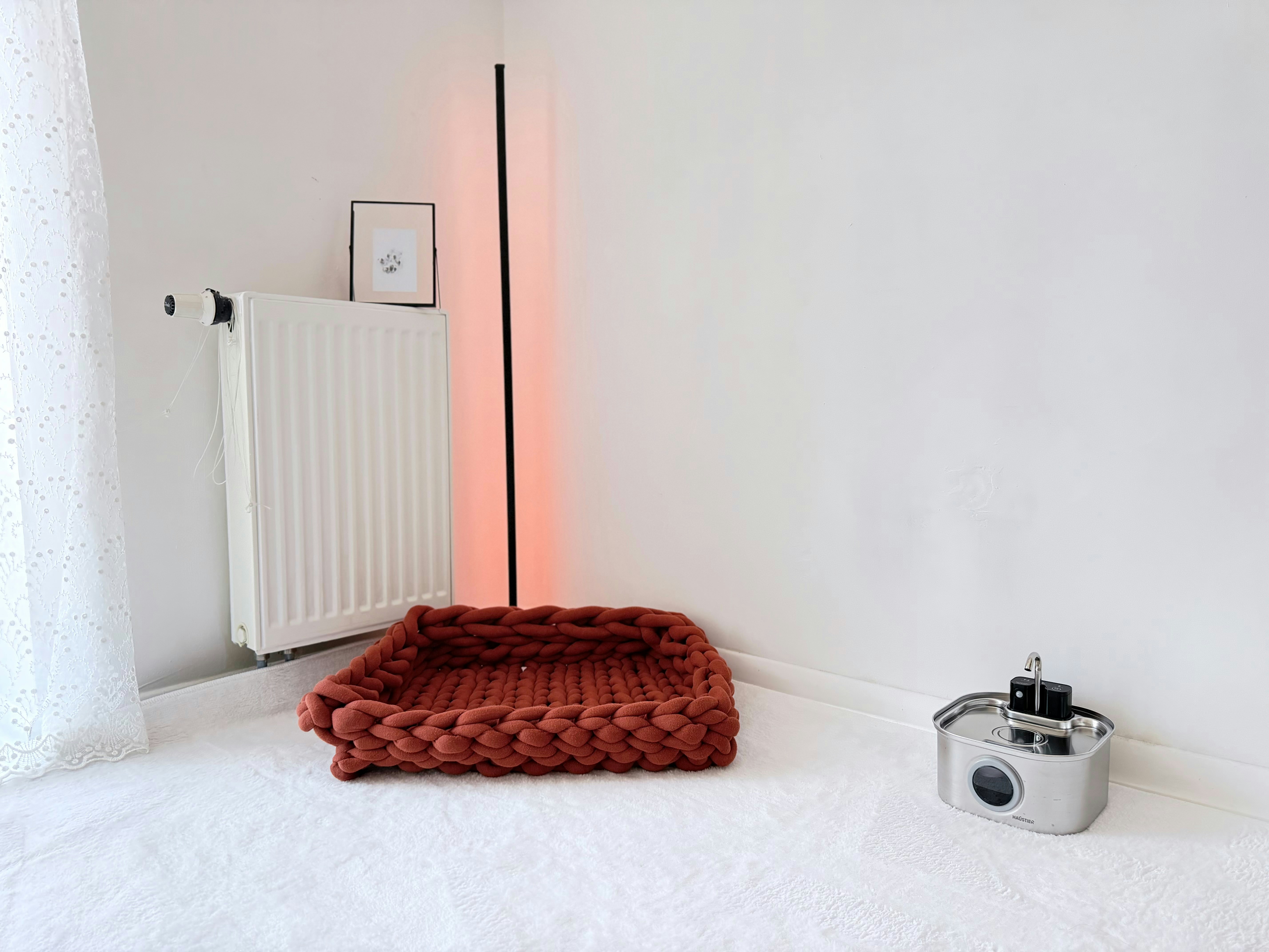 Minimalist Corner: Red Knit Benched by a Gentle Glow