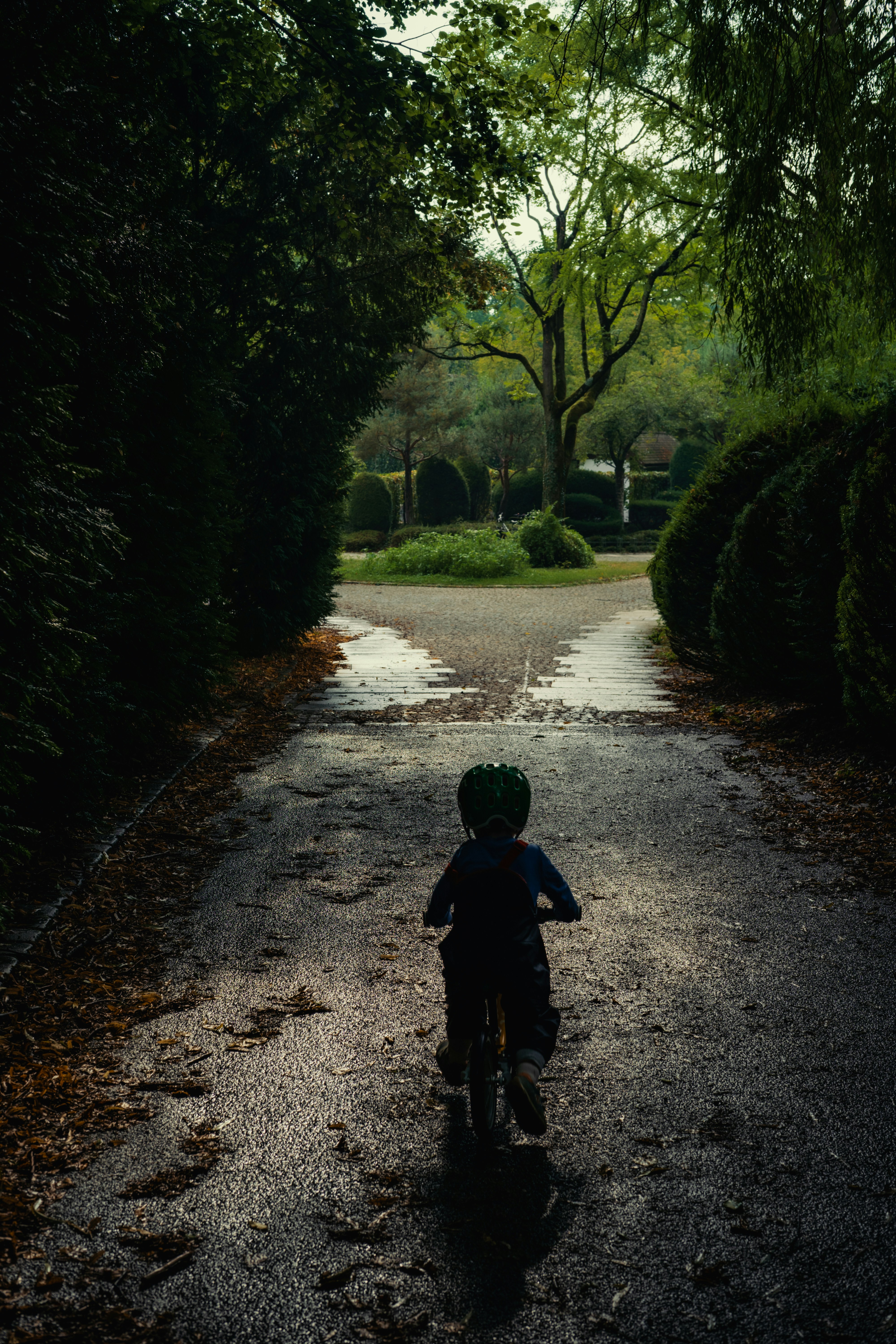 Child on a Rain-Washed Path Leading to a Green Labyrinth