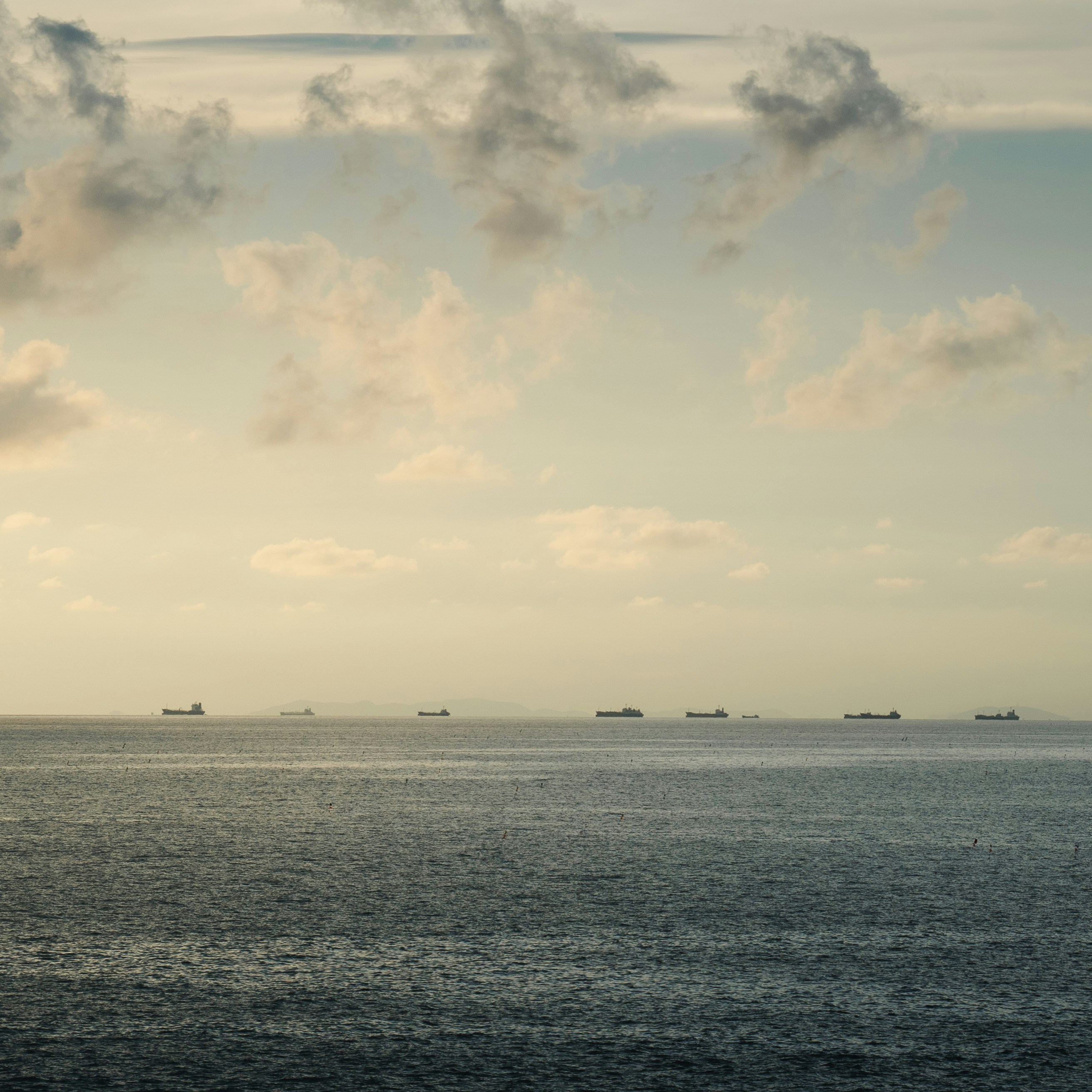 Seascape at Dusk: A Line of Ships on the Quiet Horizon