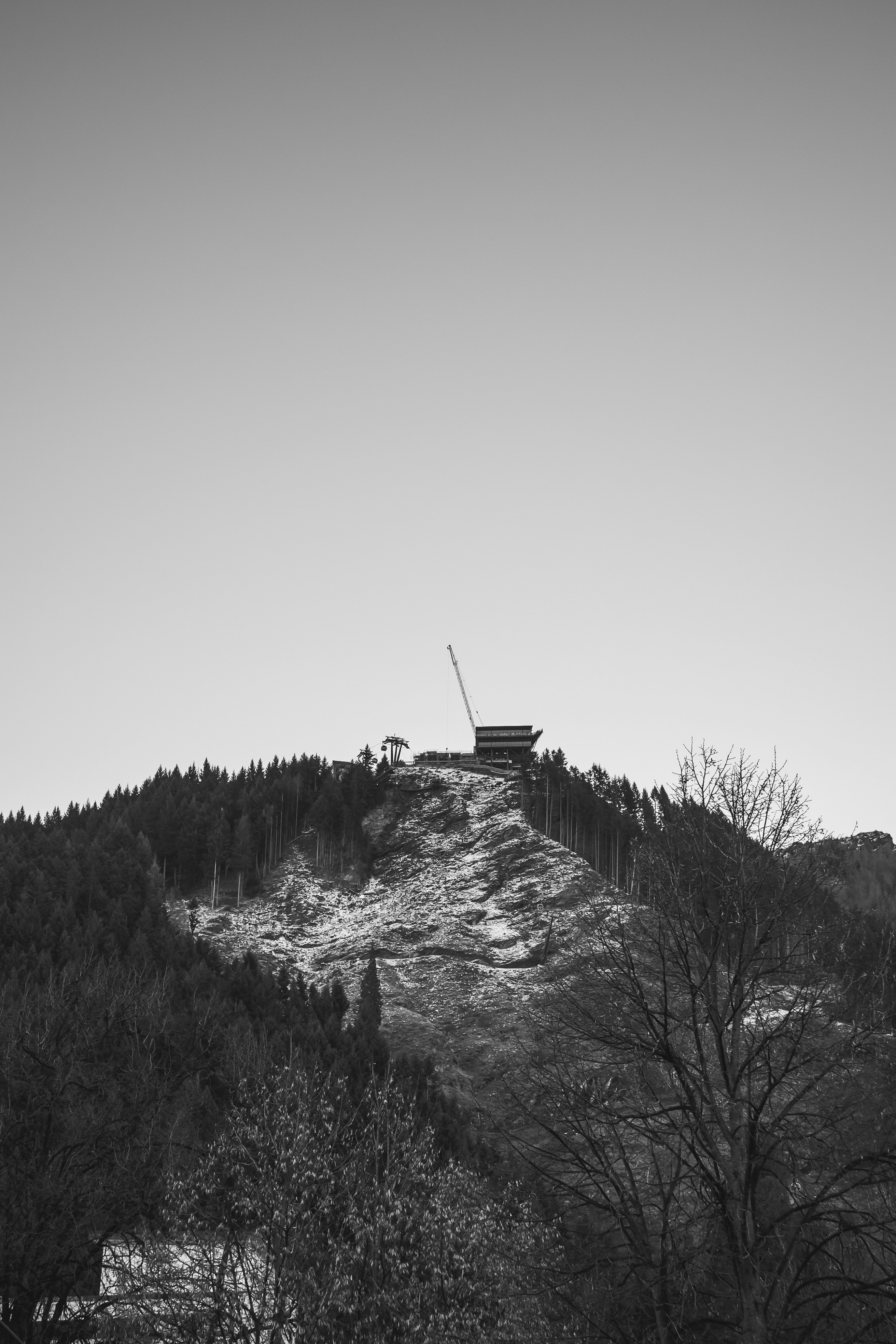 Snow-topped Ridge and Observation Deck Against a Clear Sky