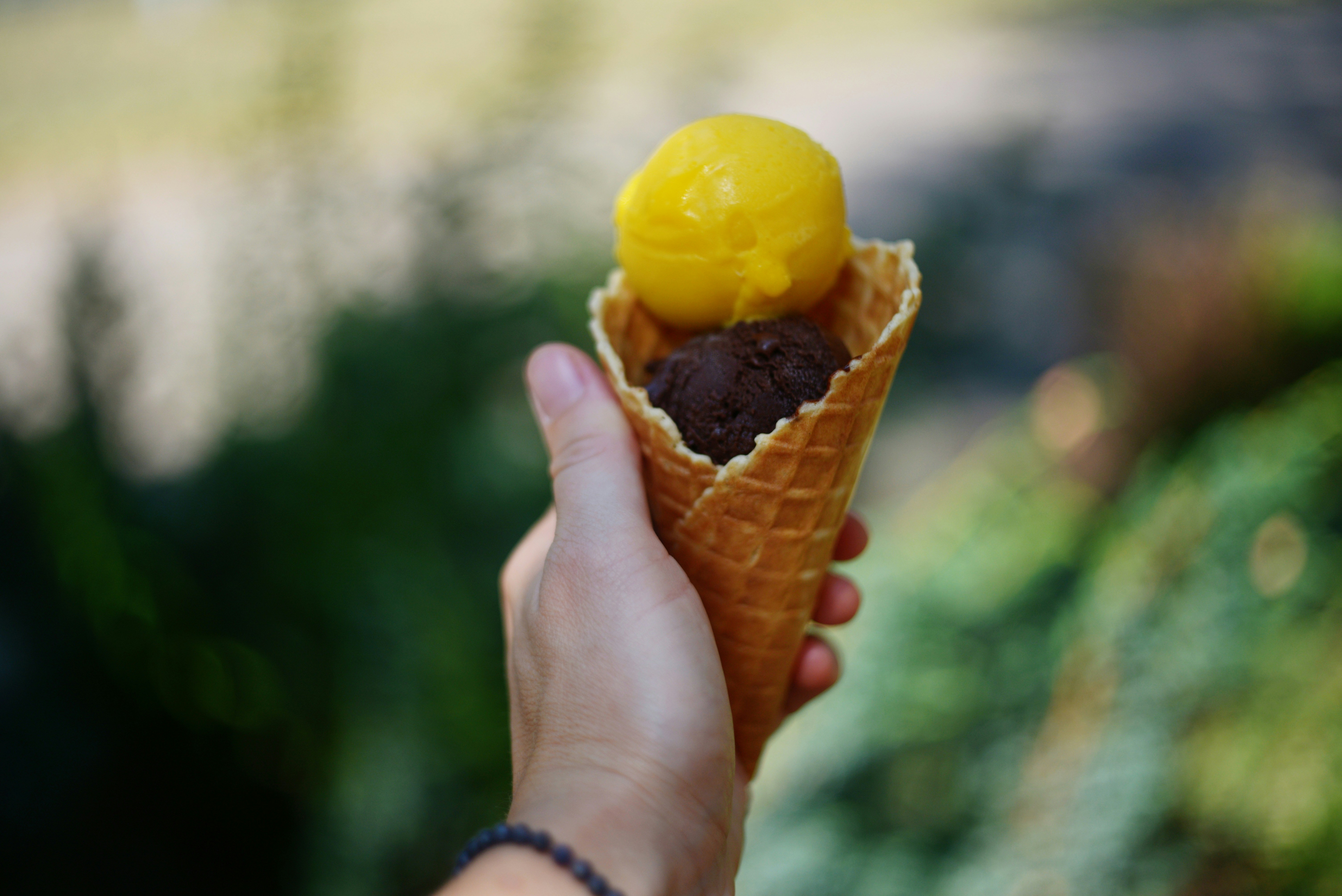 Golden scoop: a hand-held ice cream cone with two scoops against a sunlit garden backdrop