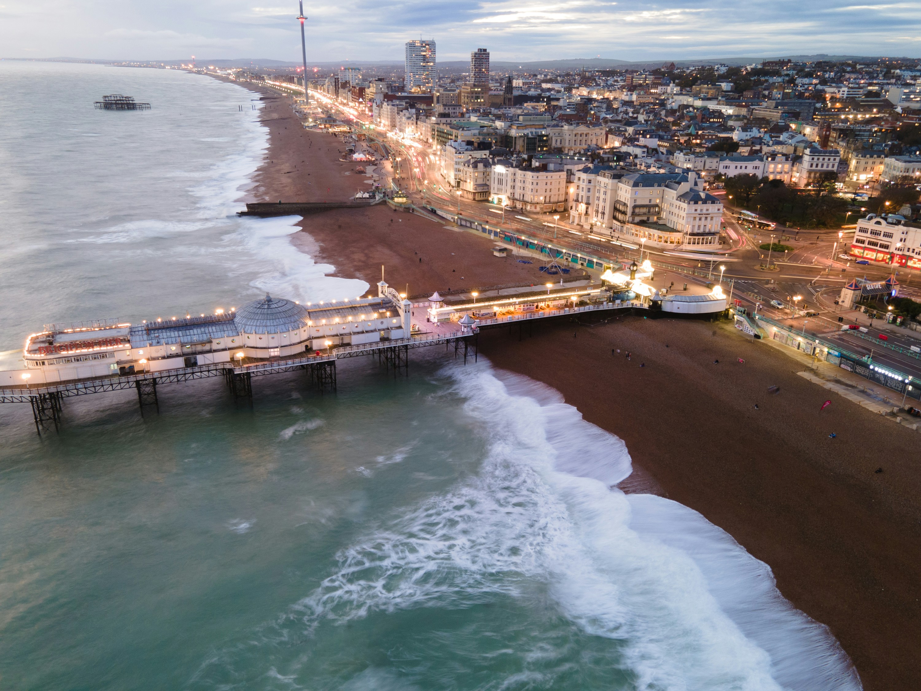 Pierfront Glow: Aerial Evening Along the Seafront