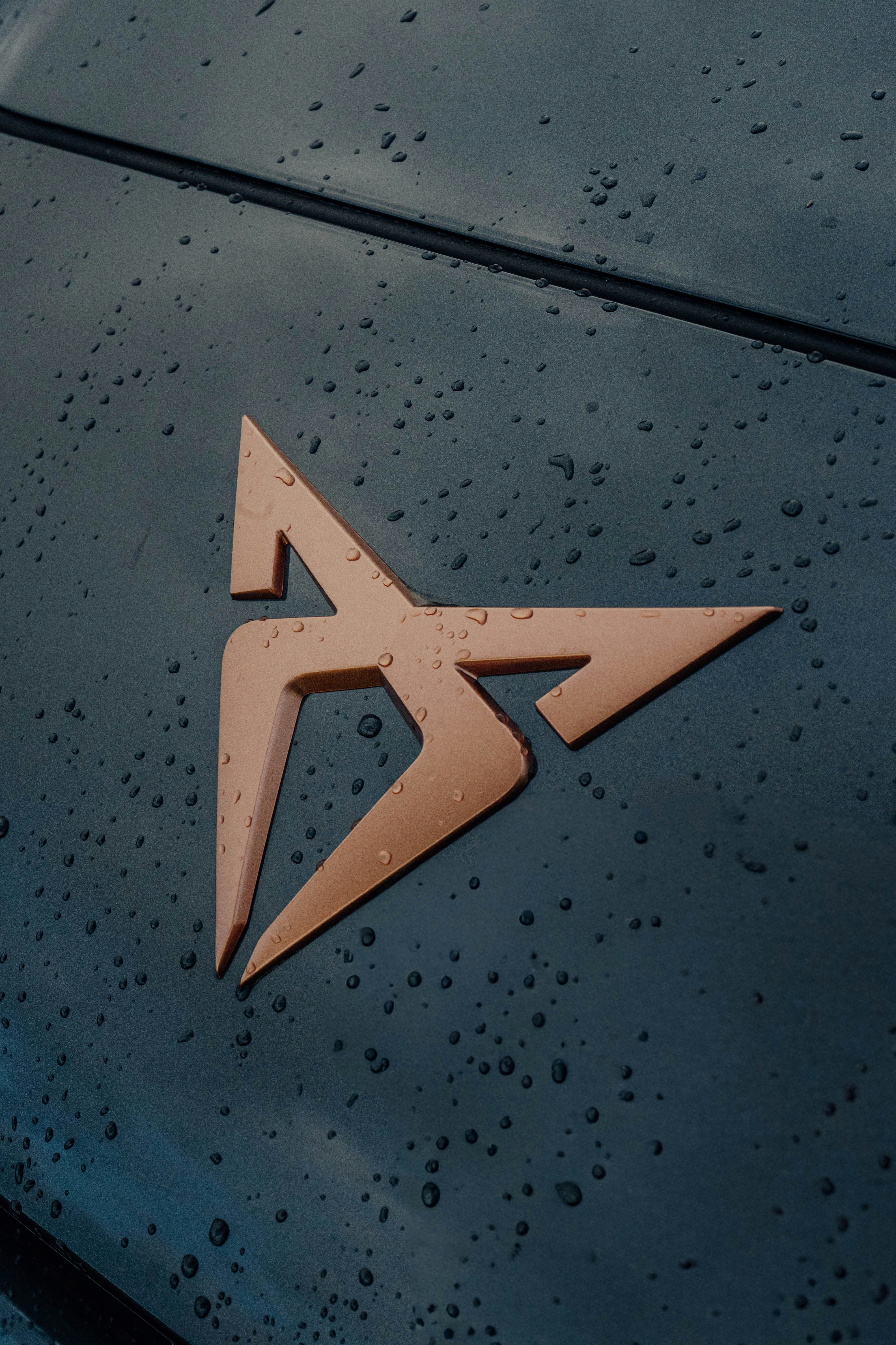 Auric emblem on rain-kissed blue skin
