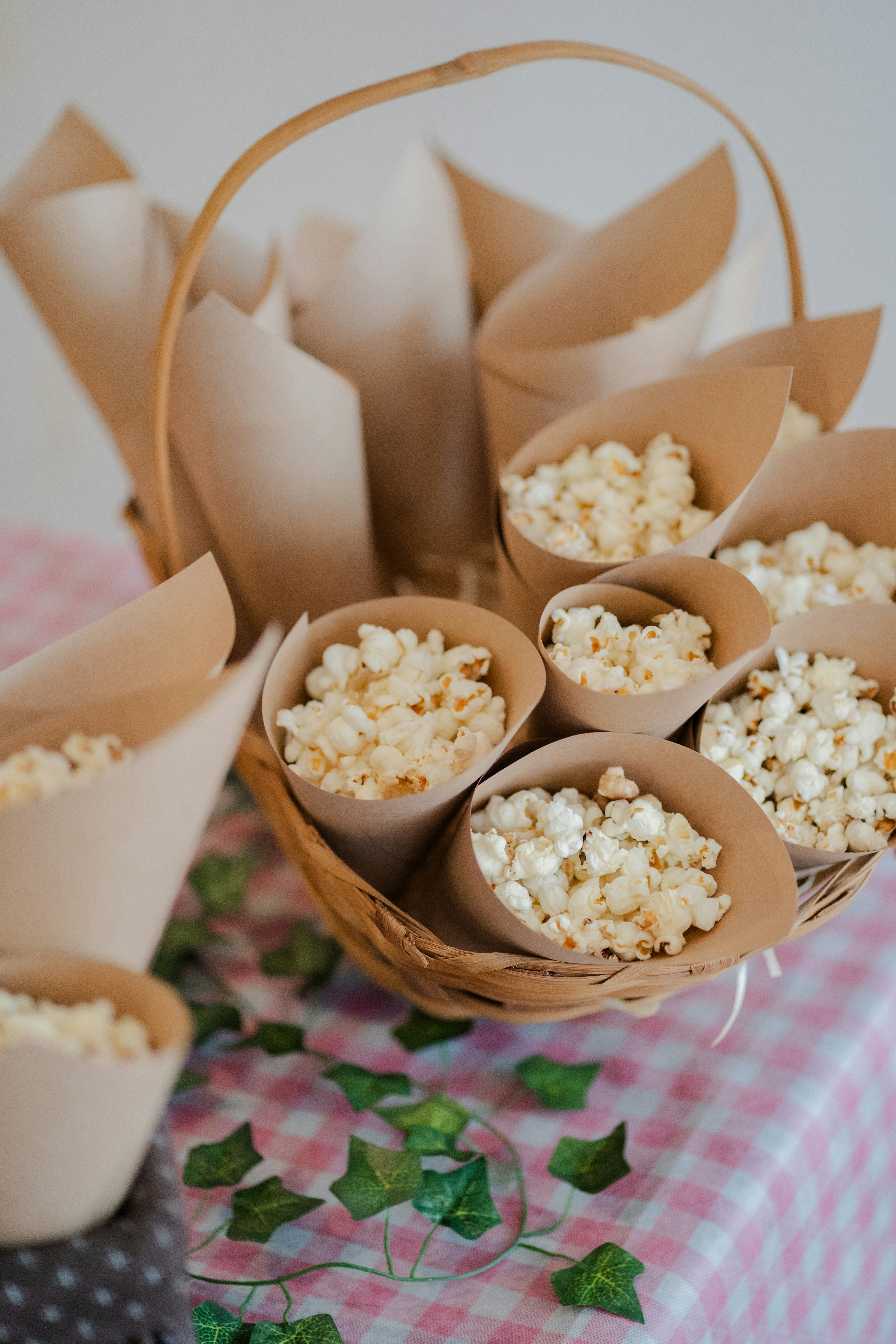 Basket of Popcorn Cones: Cozy Snack Arrangement in Soft Light