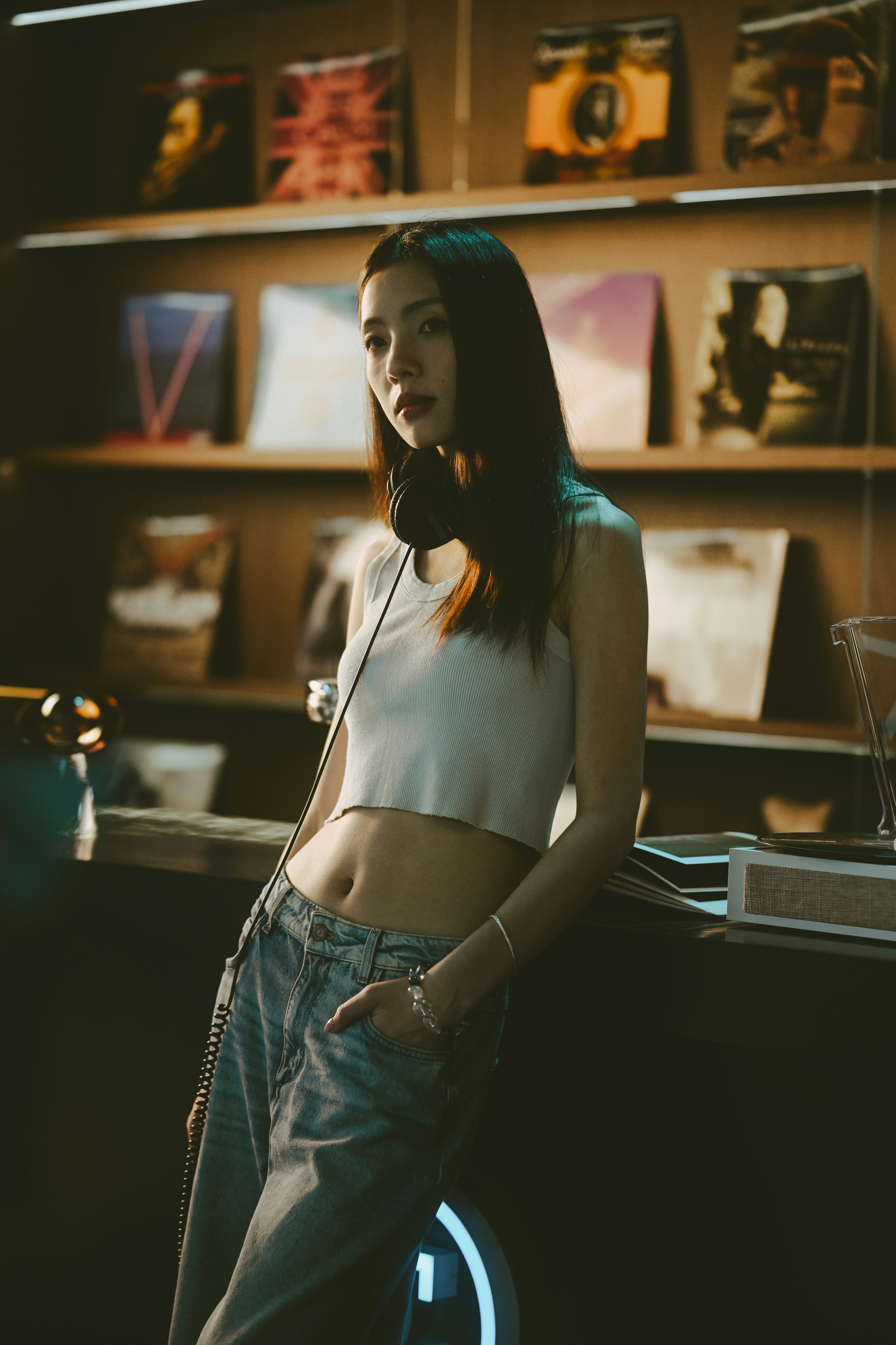 Neon-lit Portrait in a Record Shop