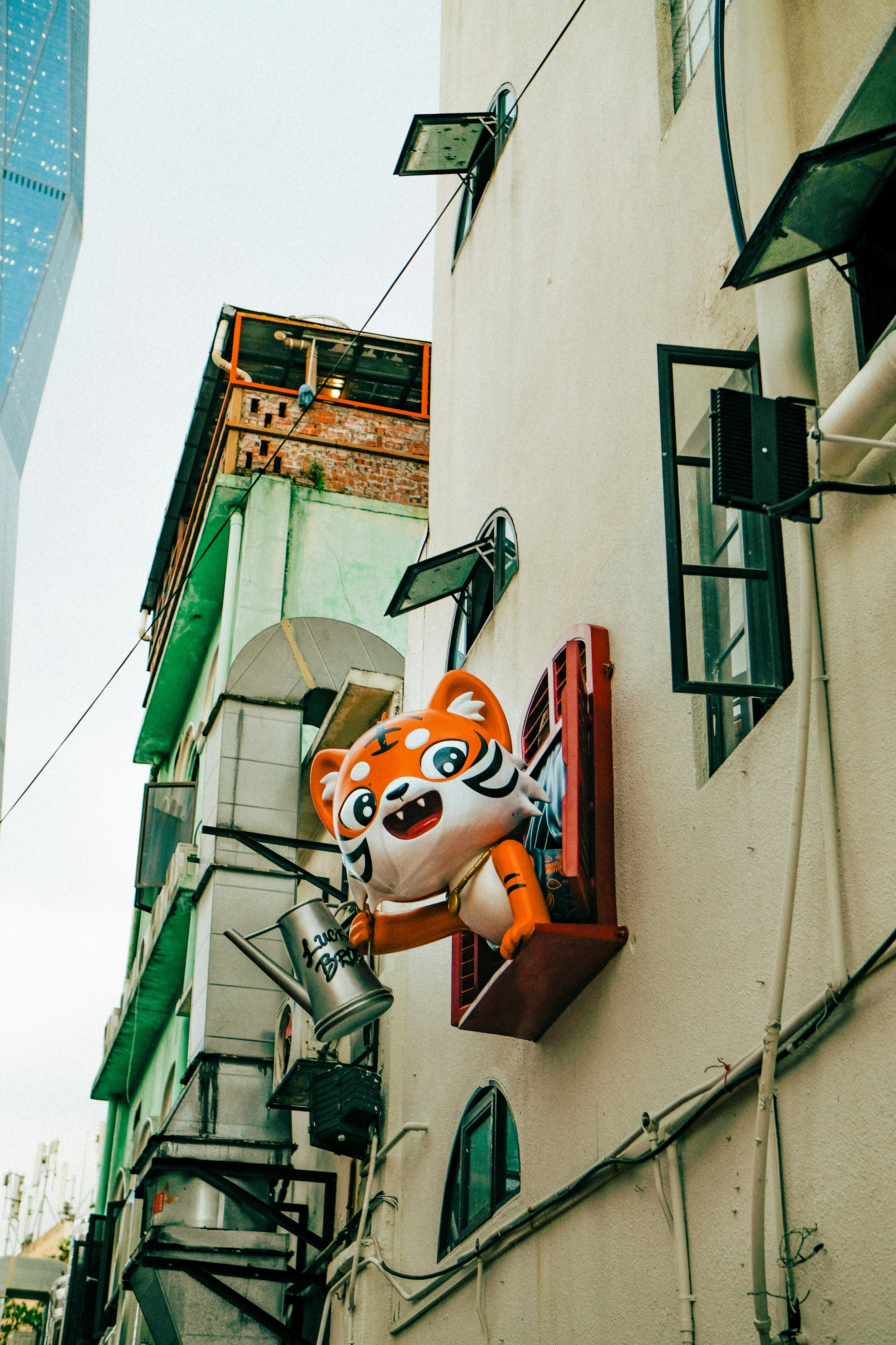 Orange Tiger Mascot Peering from a Balcony