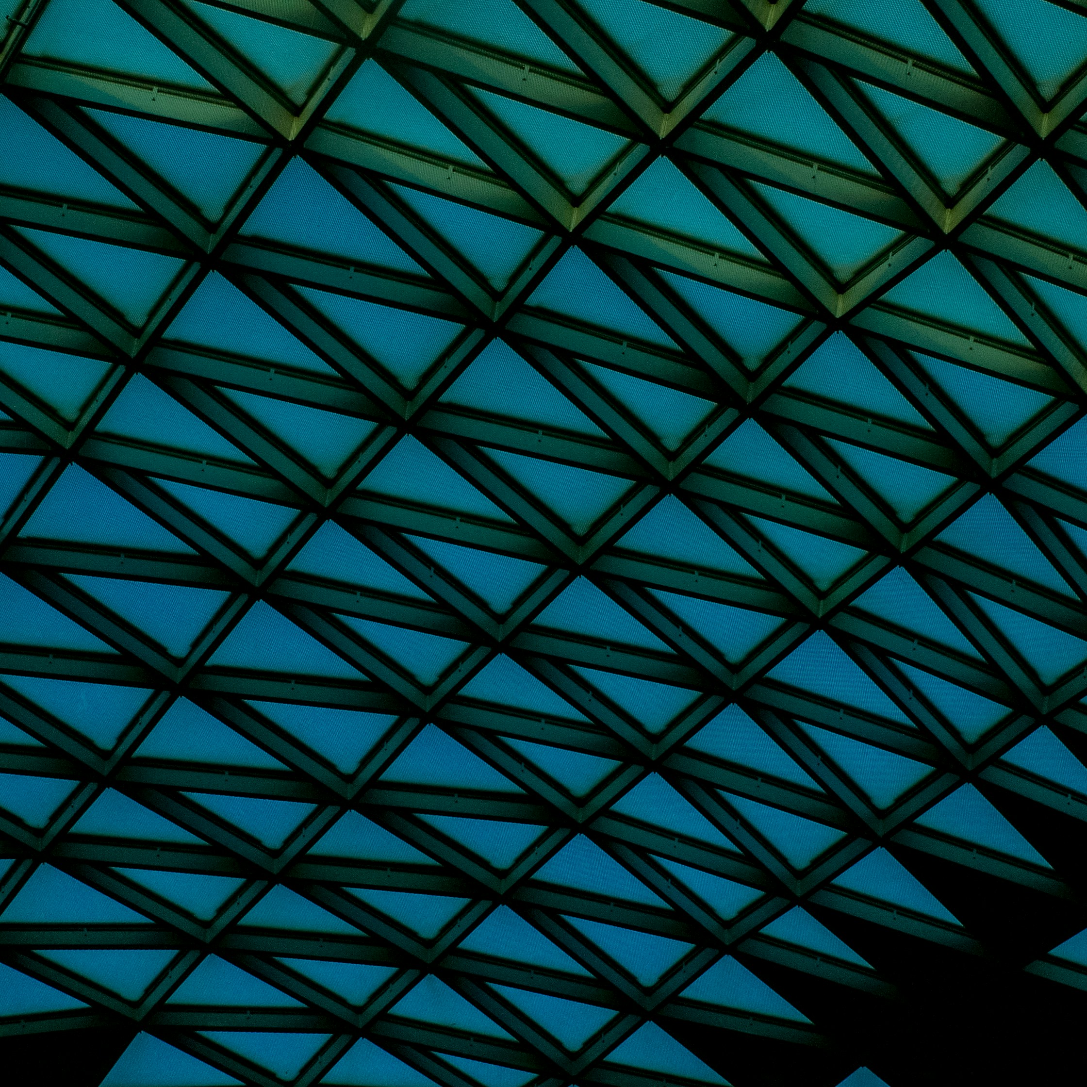 Chevron Ceiling: Interlocking Triangles Weave a Dusk-Blue Tessellation