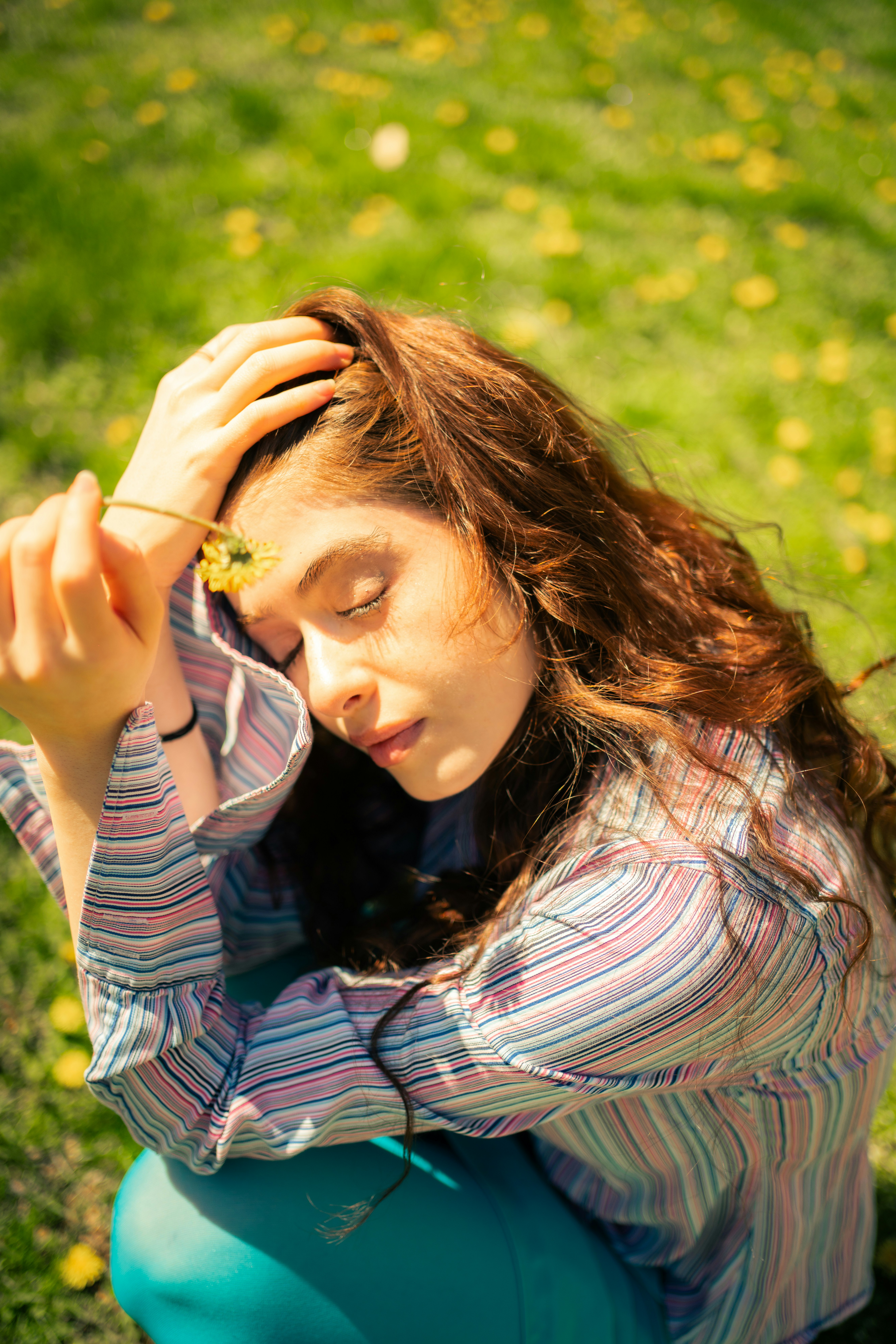 Sunlit Quiet: A Moment of Rest in Yellow-Flowered Field