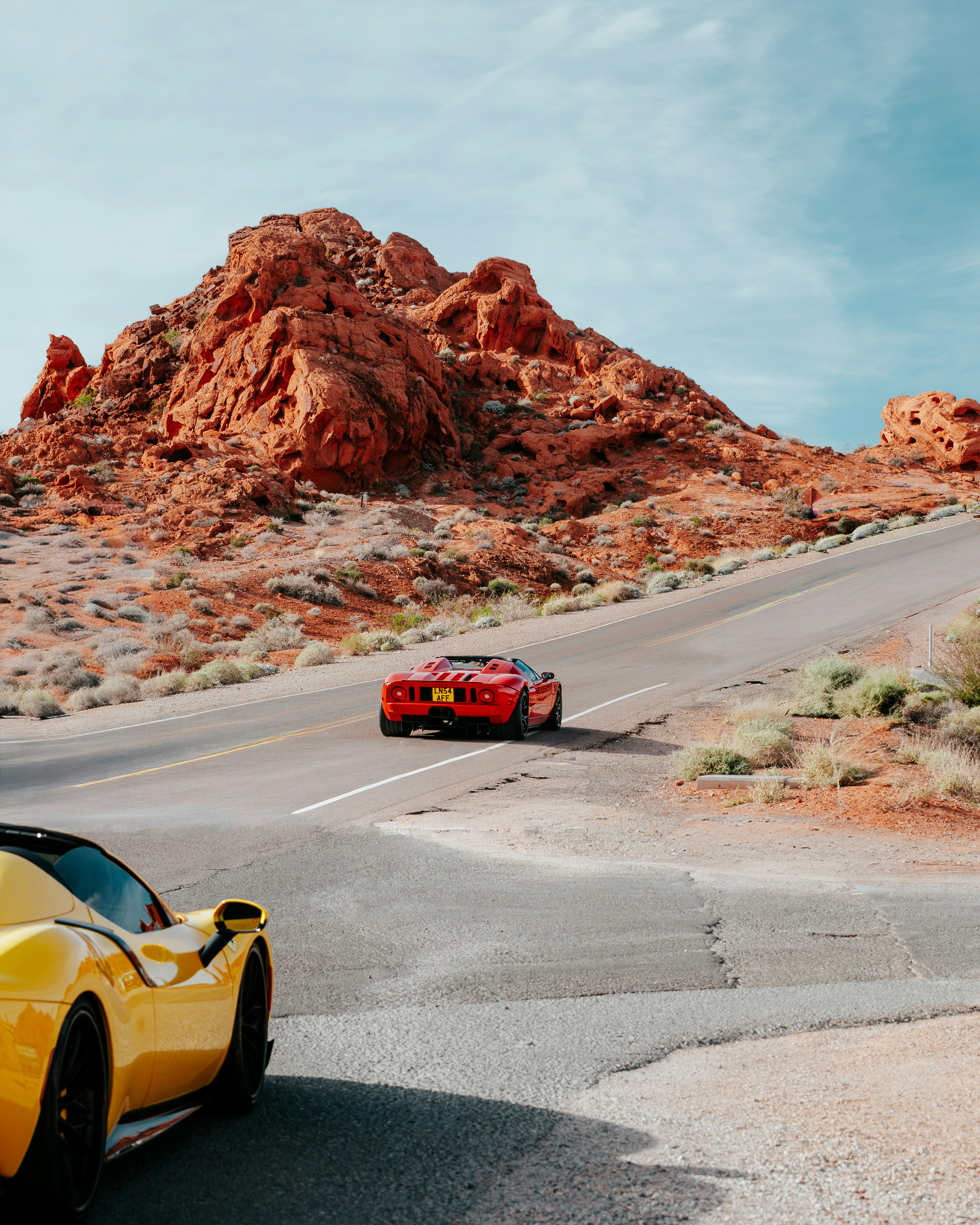 Desert Road Rendezvous: Red Dino Meets the Yellow Shadow