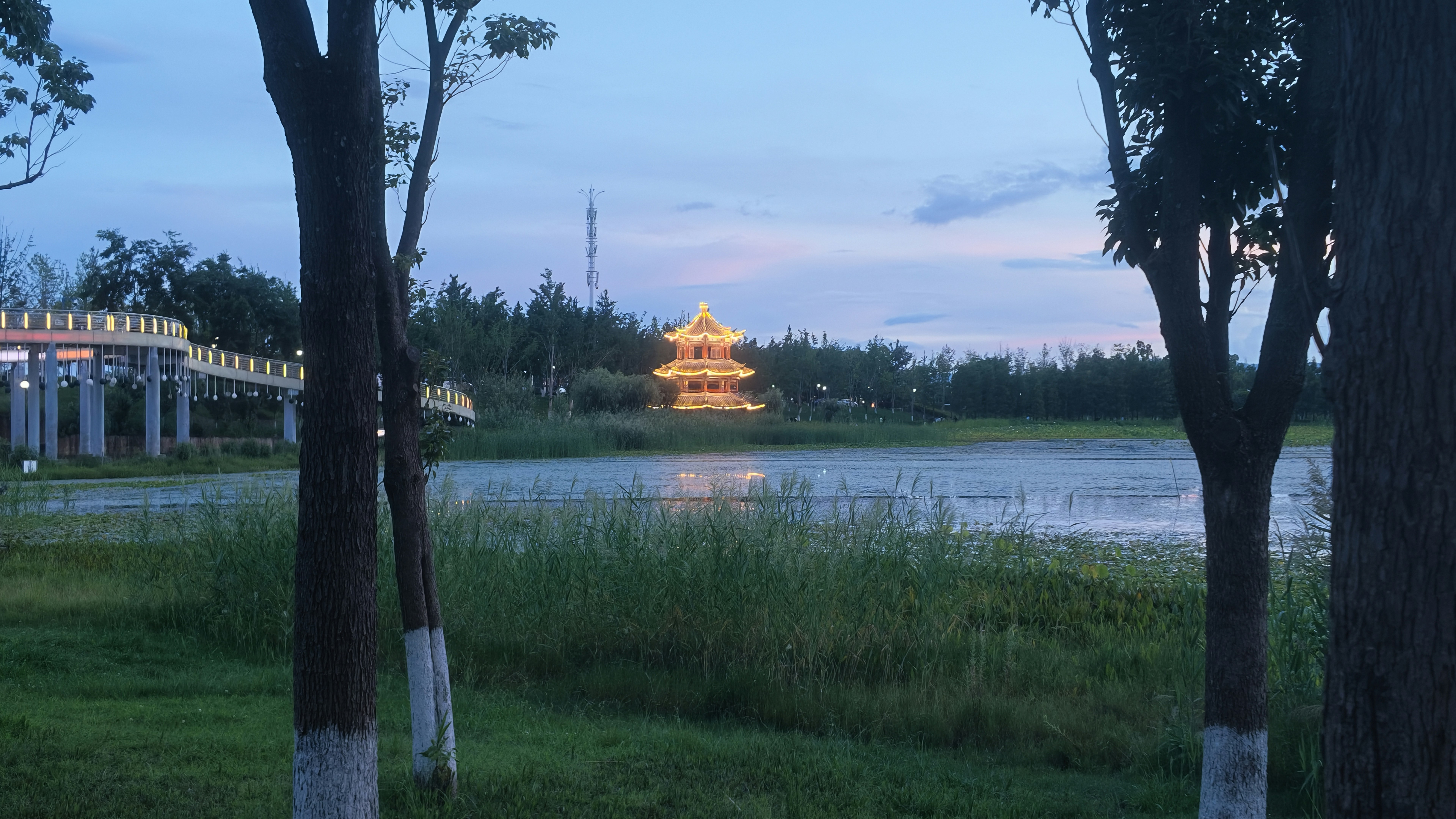 Luminous Pagoda Framed by Quiet Waters