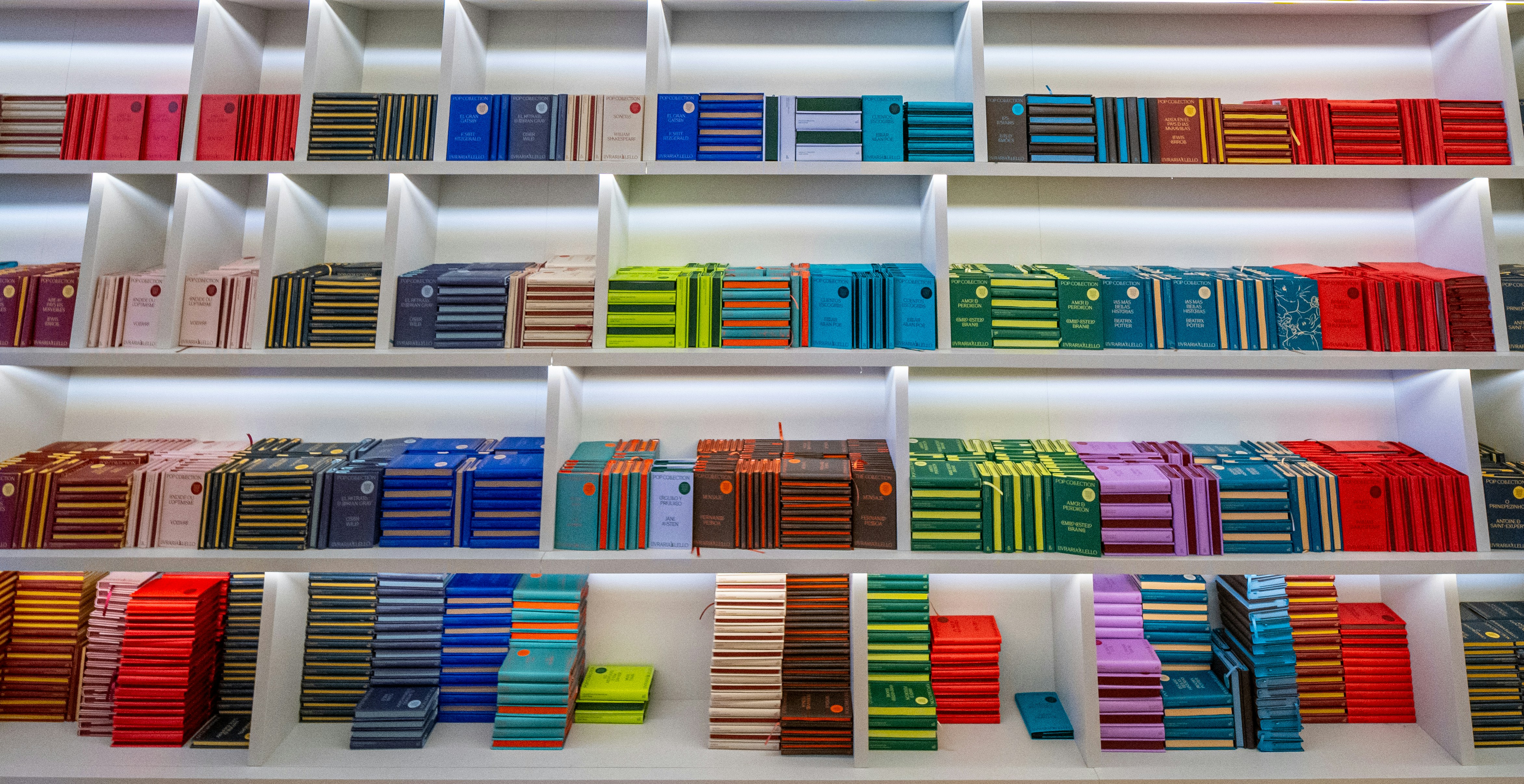Rainbow Rows of Colorful Notebooks on Wall Shelves