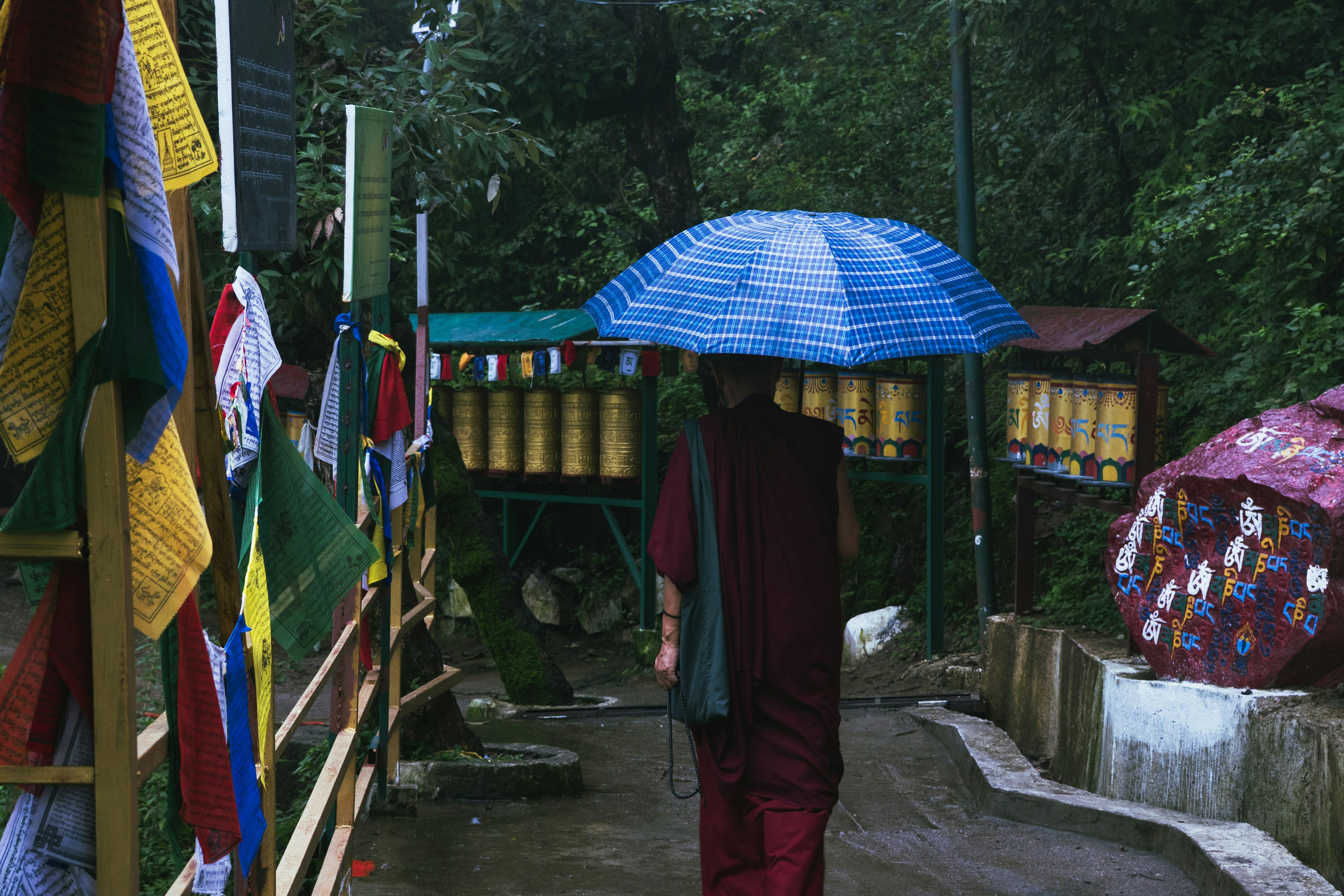 Umbrella Vigil: A Monk Walks Through a Colorful Temple Path