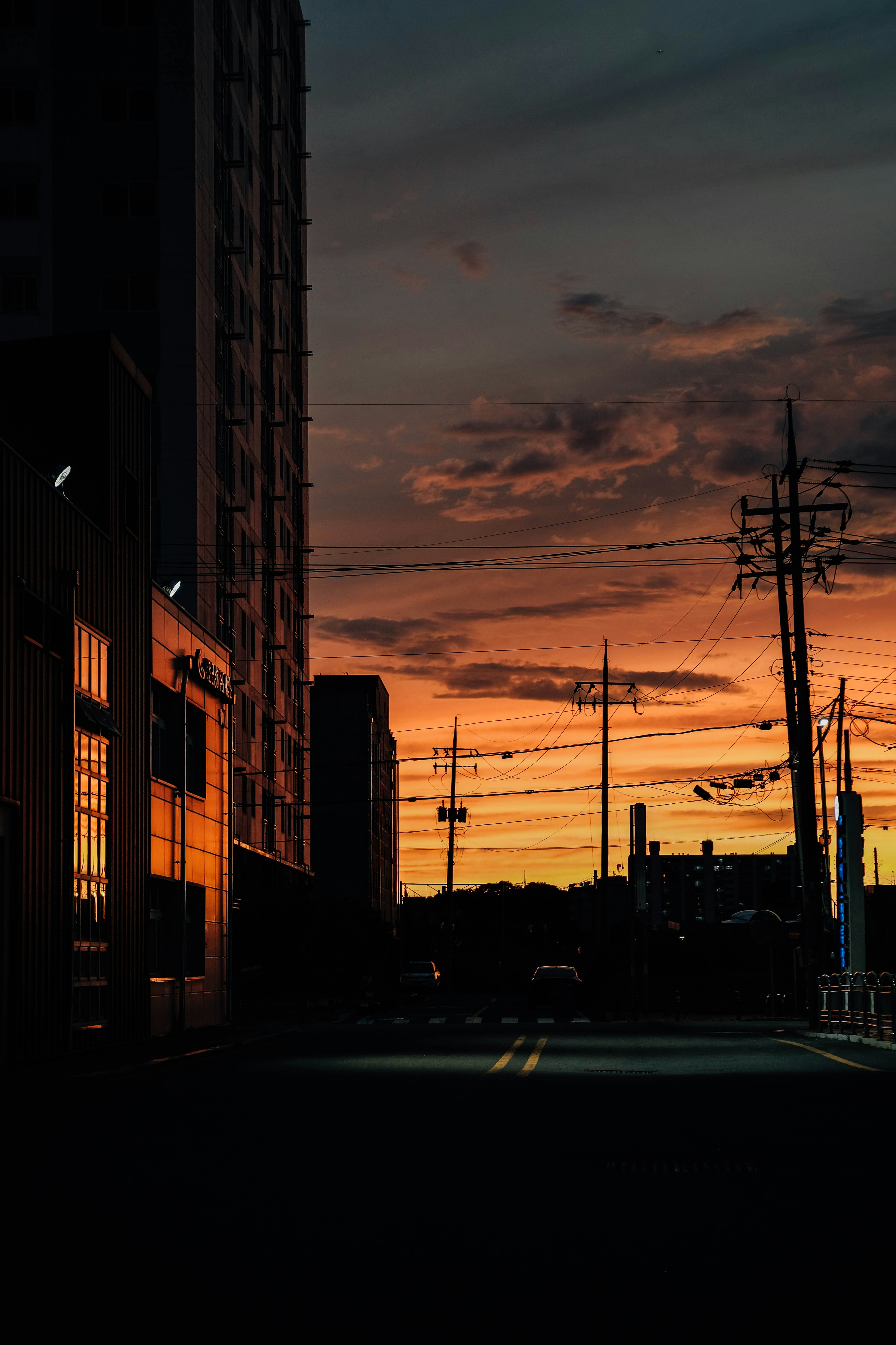 Sunset Over the Quiet Street: Silhouettes and Warm Glass