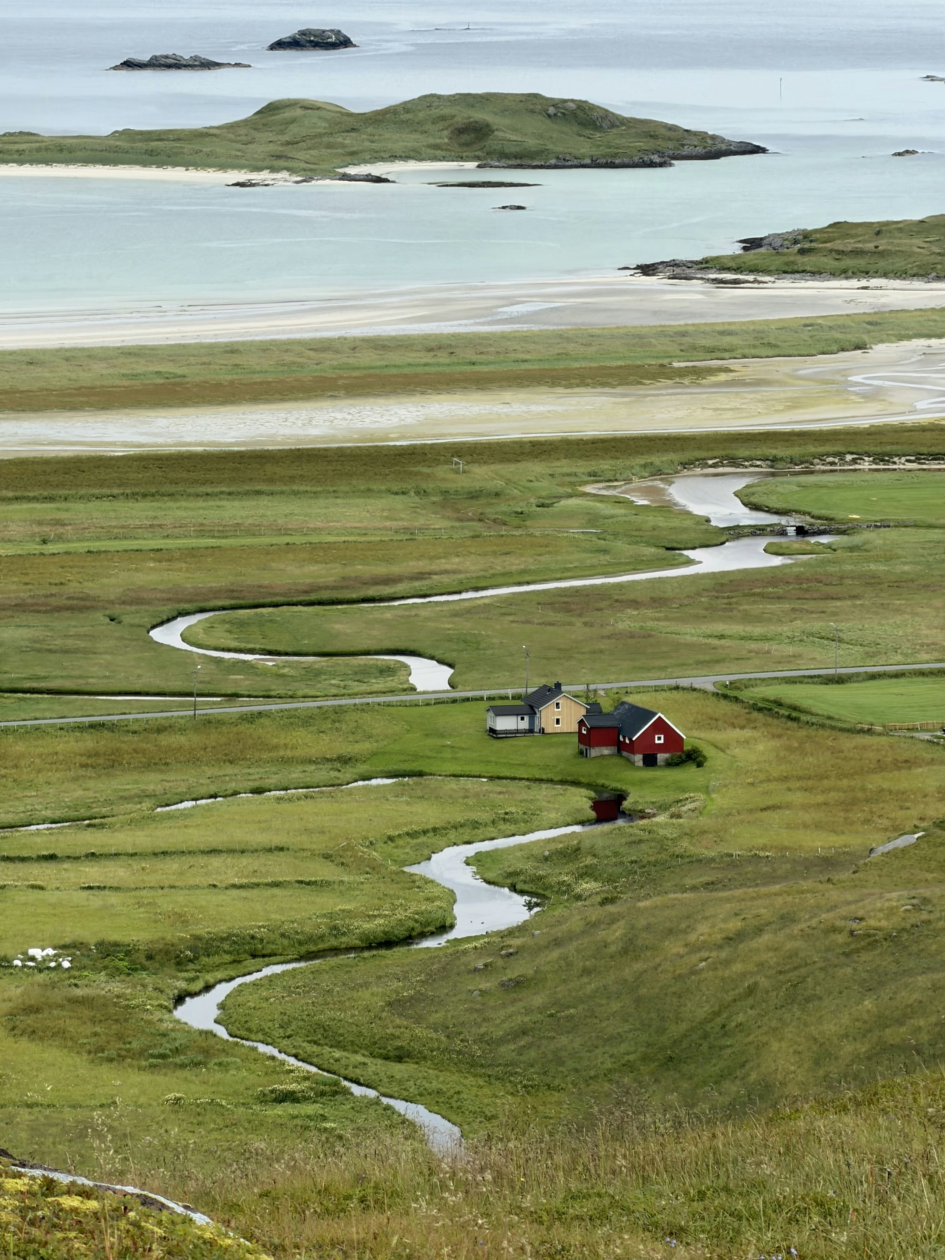 Red-roofed cottages Nestled Along a Meandering Tideplain