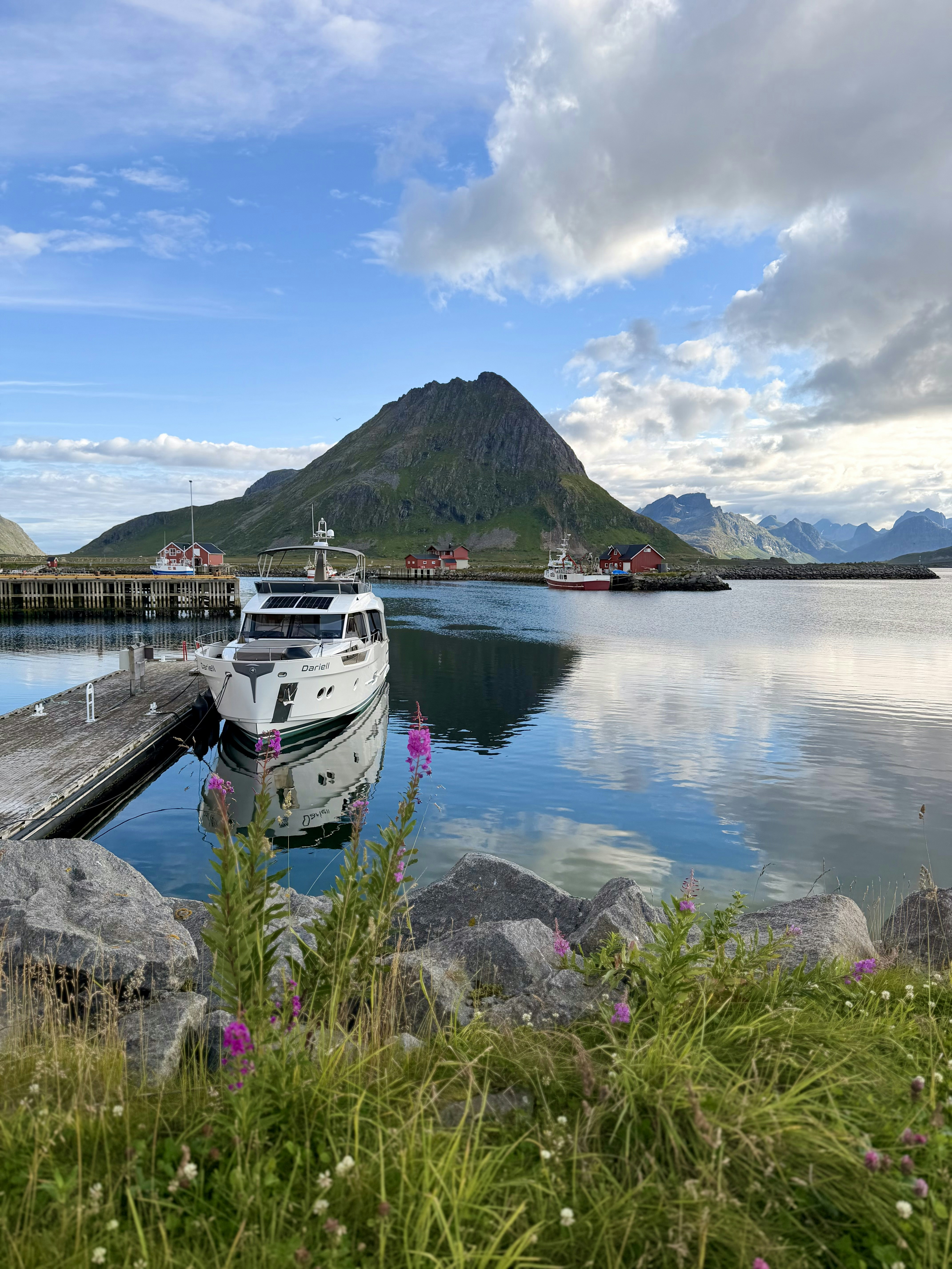 Harbor Specter: Mountain, Boat, and Trited Wildflowers