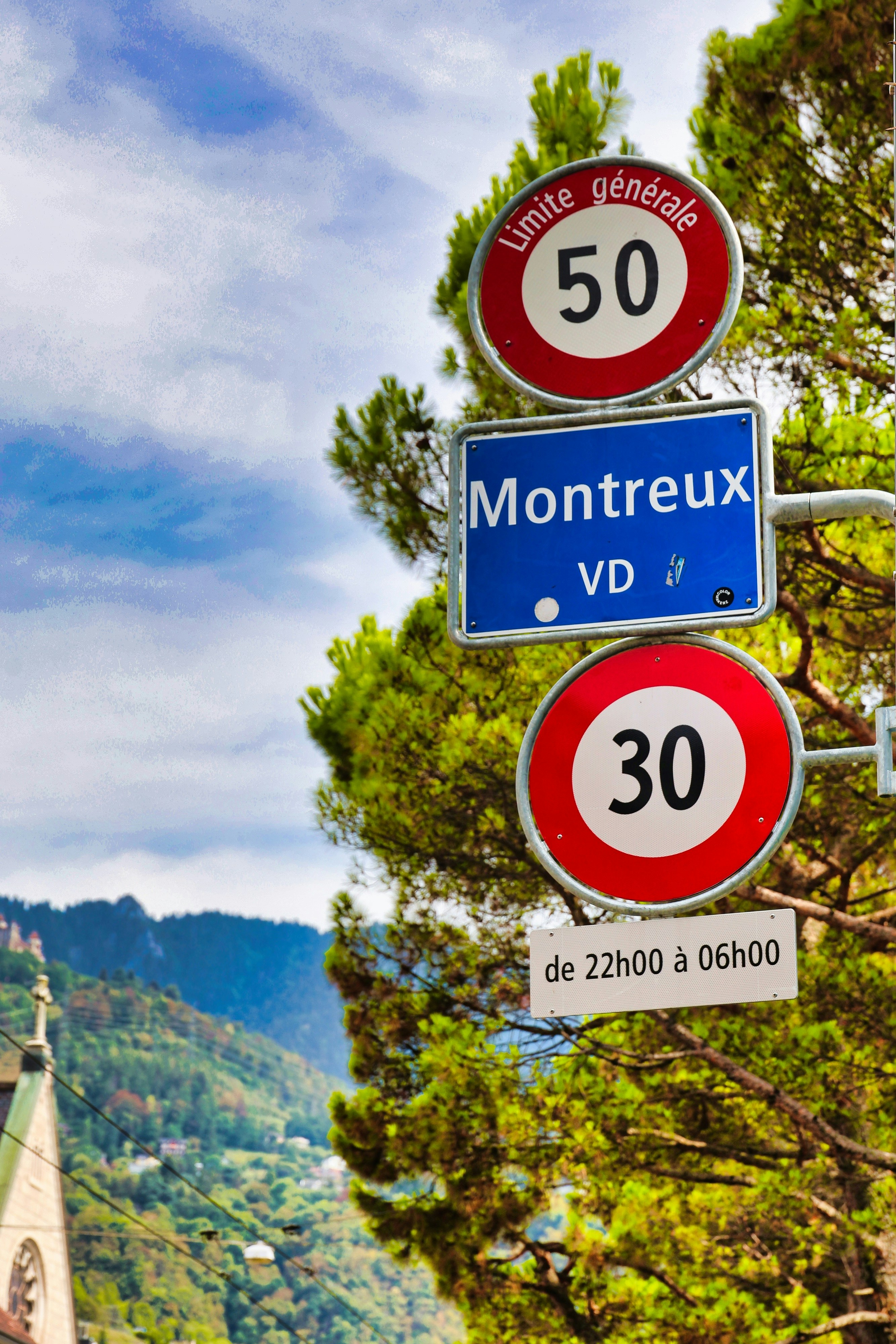 Montreux Signpost Duo: Road Signs Framed by Alpine Green