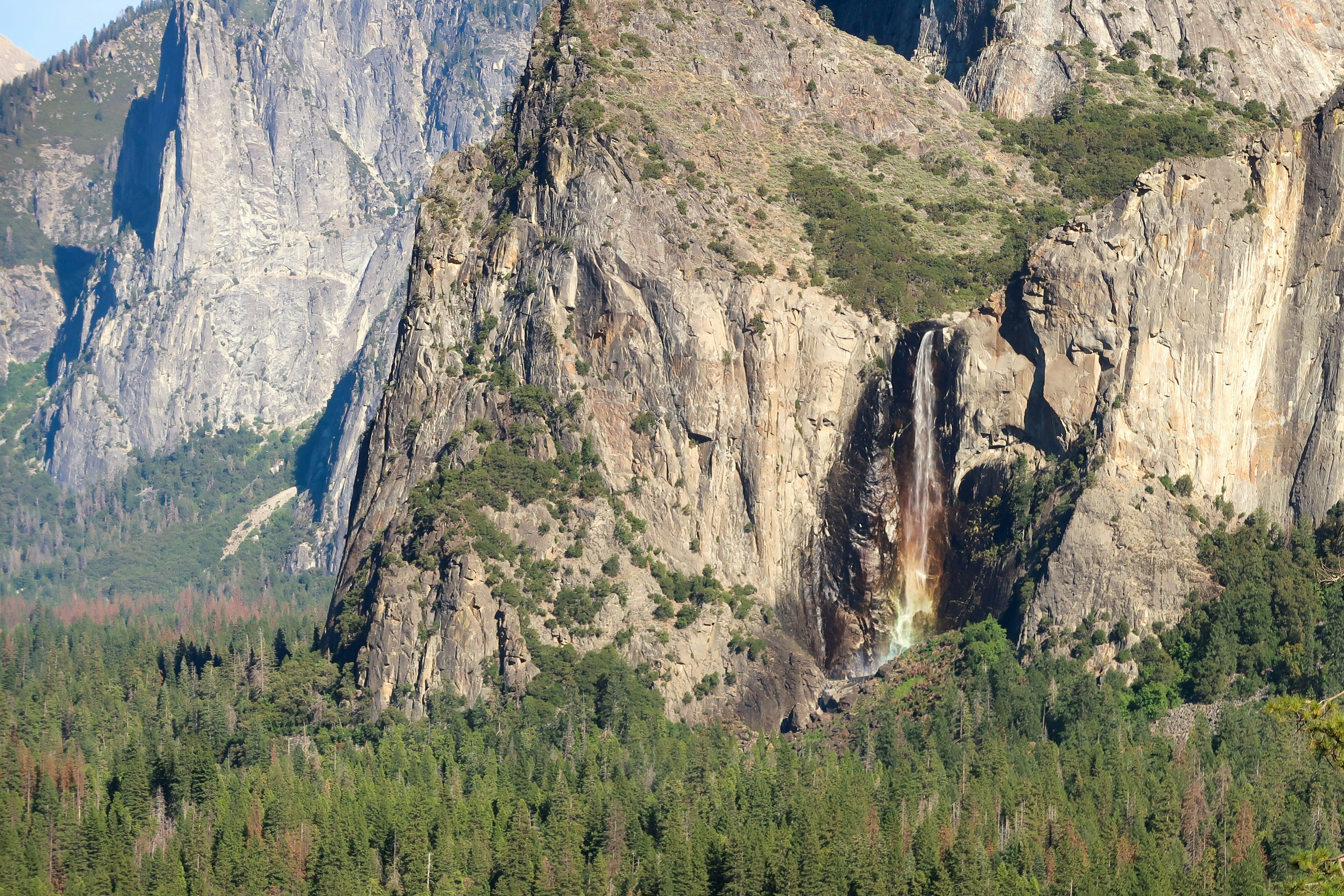 Majestic Granite Cascade Over a Pine-Kissed Valley