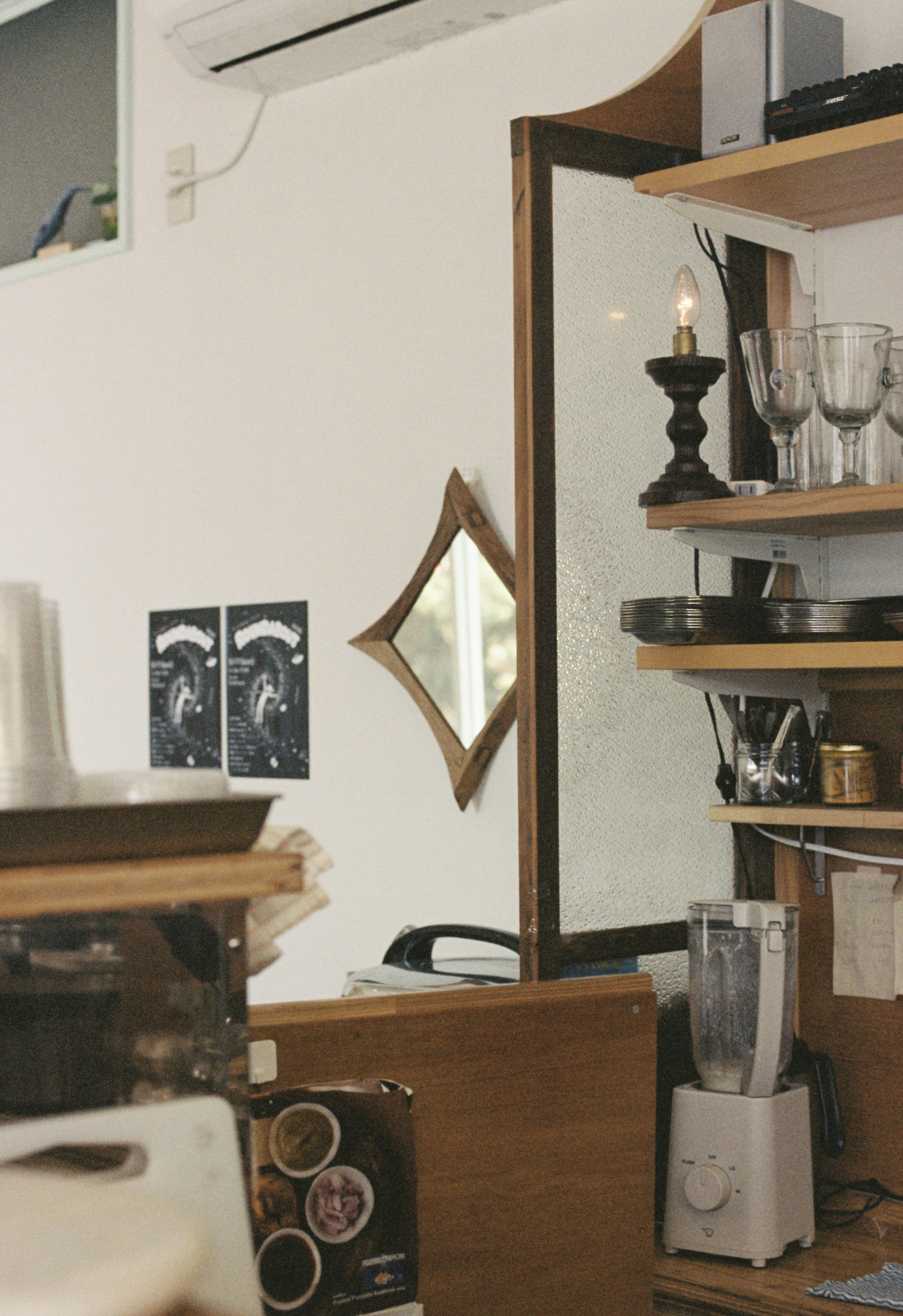 Pastel Kitchen Corners: Glassware, Blender, and a Hidden Mirror