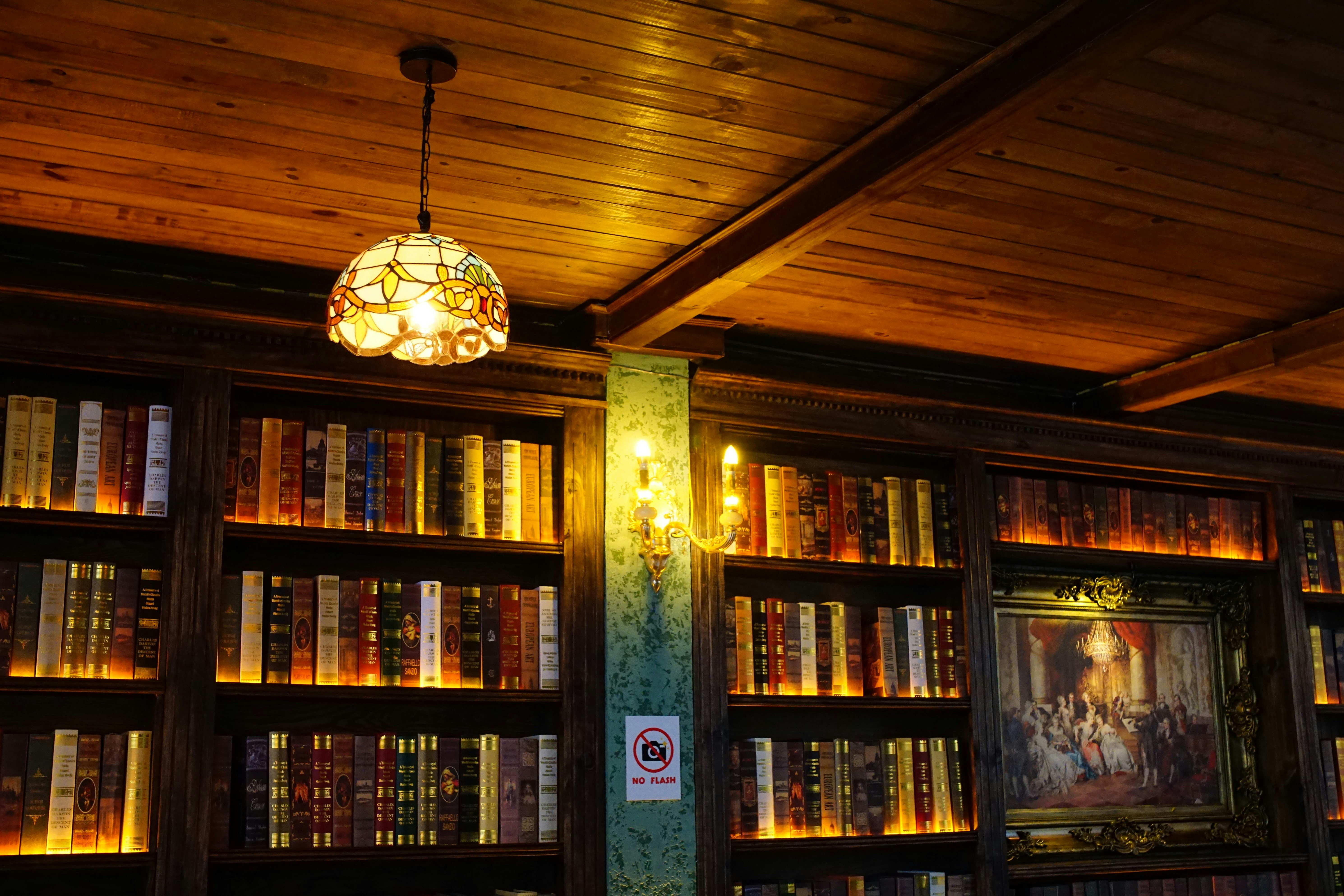 Gaslamp Library: Warm Lamps, Wooden Shelves, and Vintage Ambiance