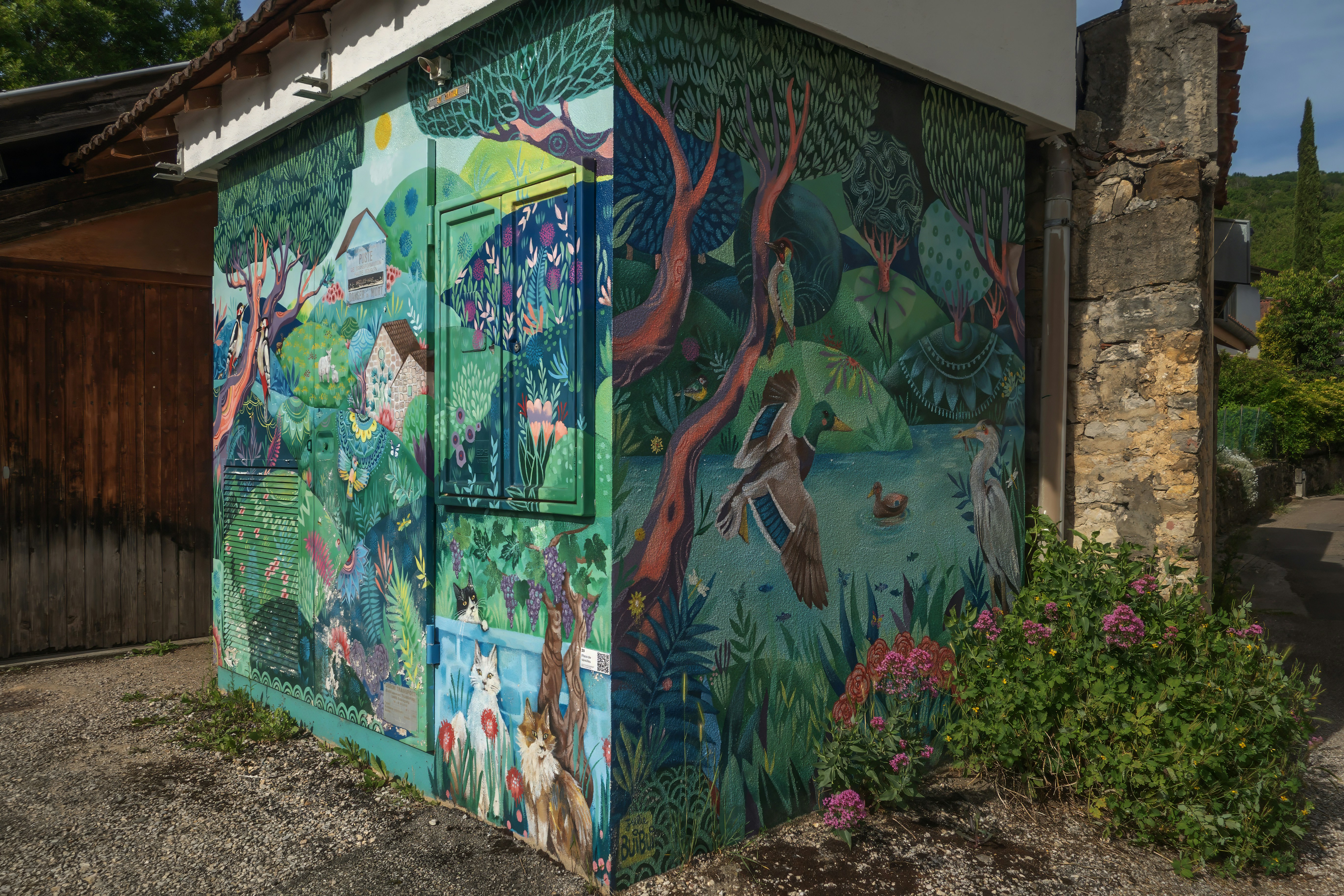 Colorful Mural Meadow: A Lush Garden on a Village Shed