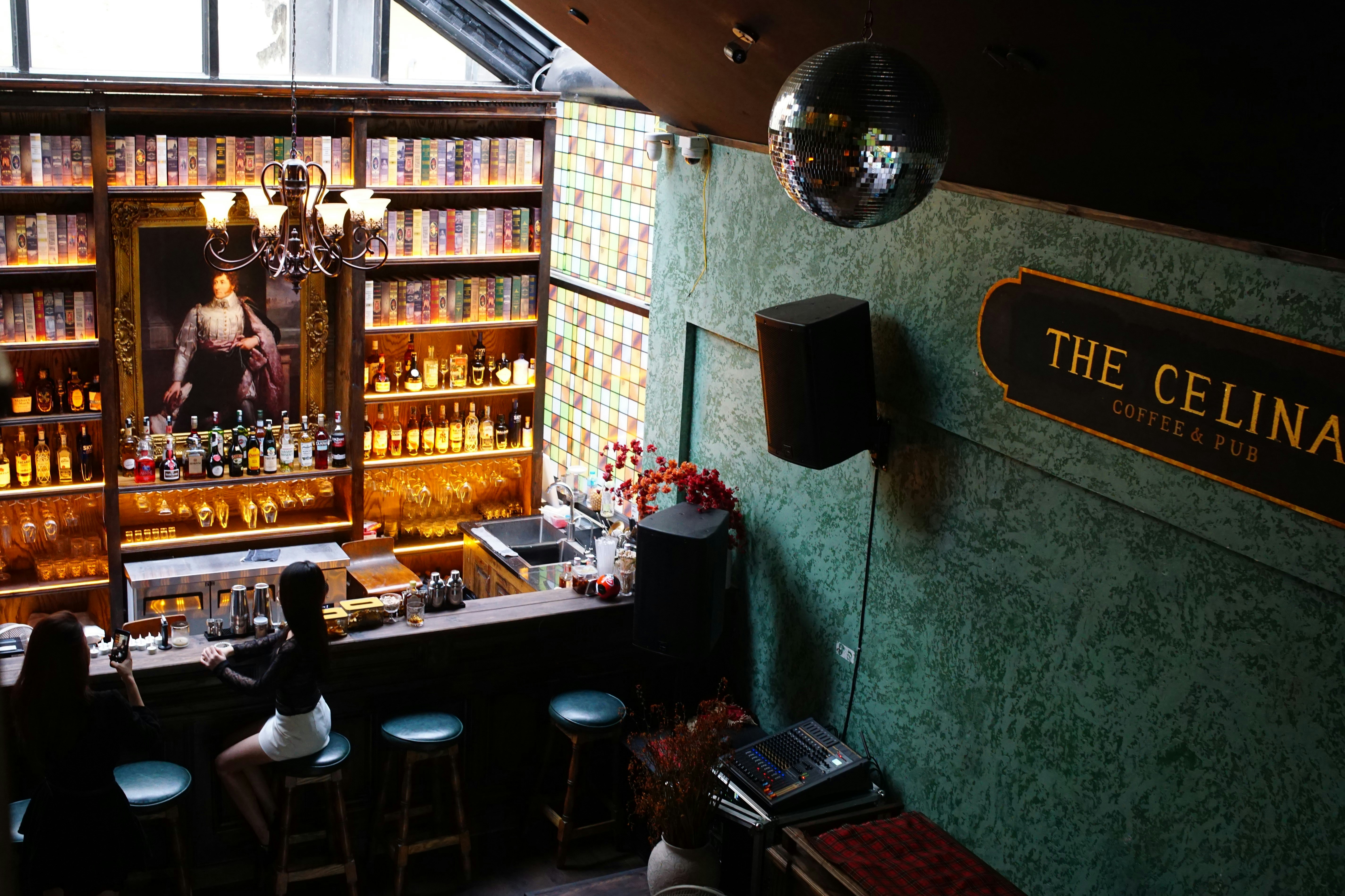 Illuminated Bar Portrait: Vintage Shelf, Portrait, and Sign