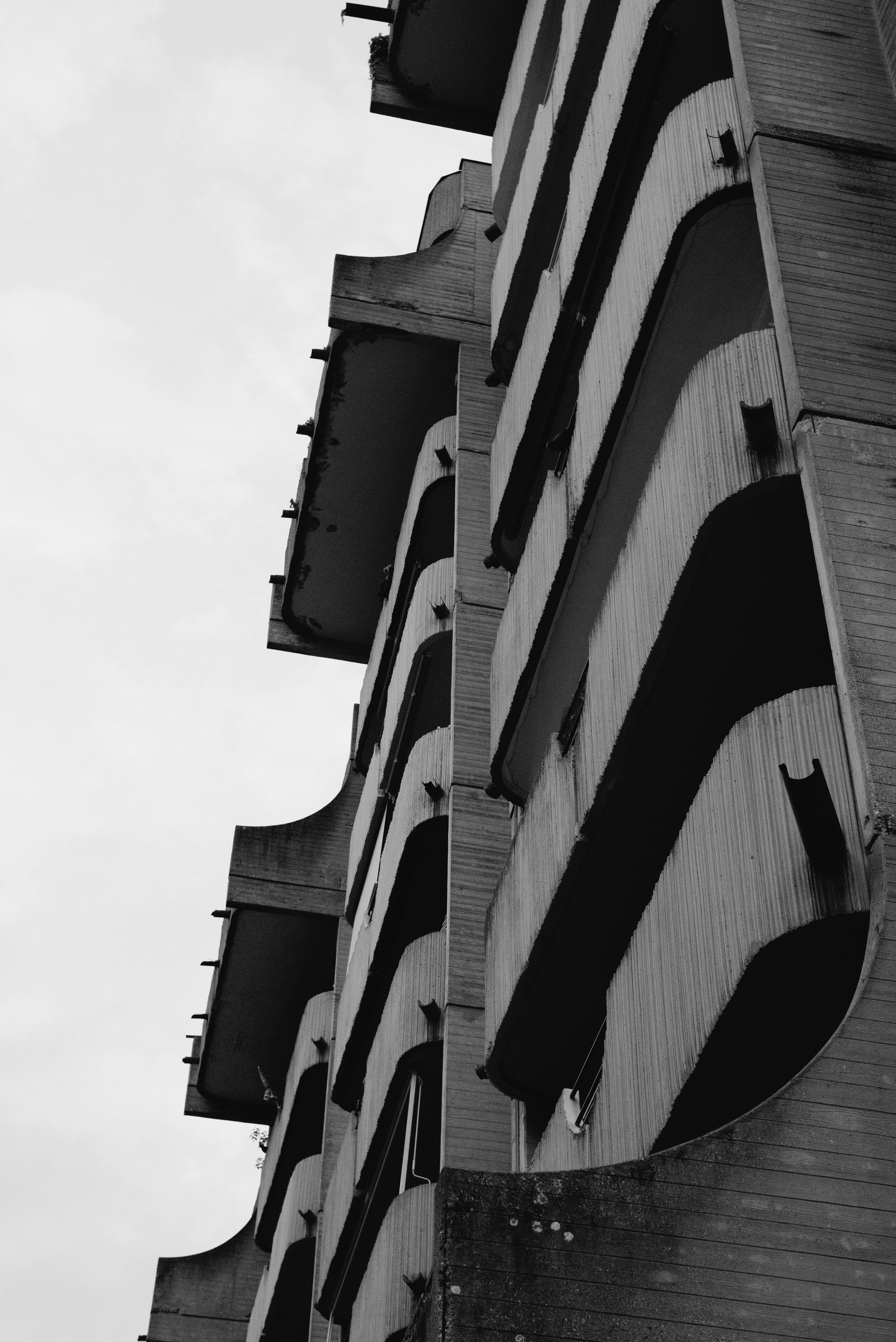 Vertical Concrete Ribbons: A Monochrome Descent Through Arched Facades