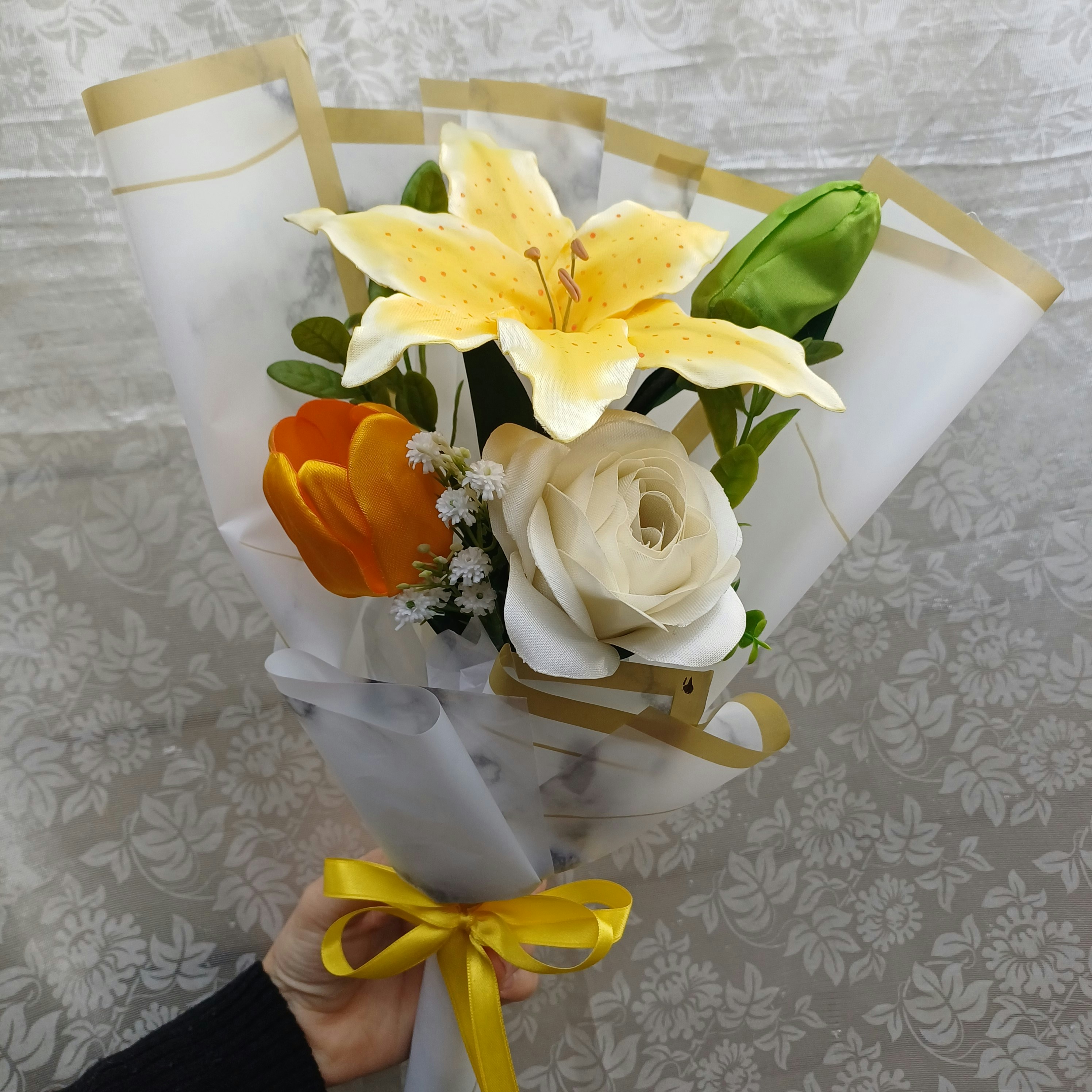 Yellow Lily Crowned Bouquet in Ribboned Wrap