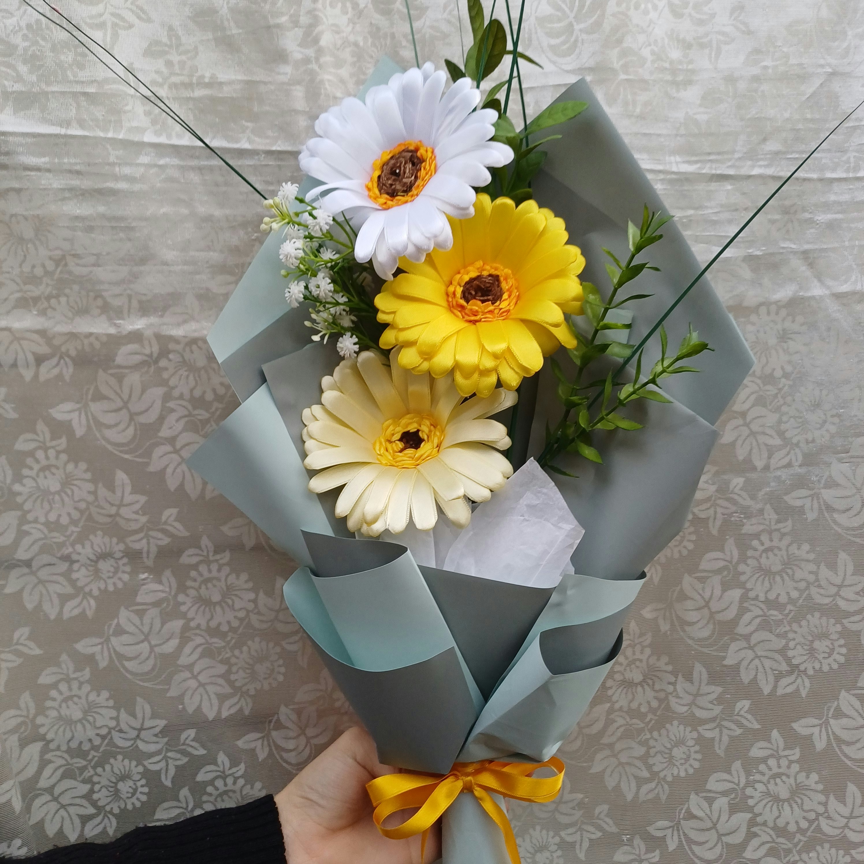 Pastel Bouquet in Geometric Wraps with Bright Gerberas