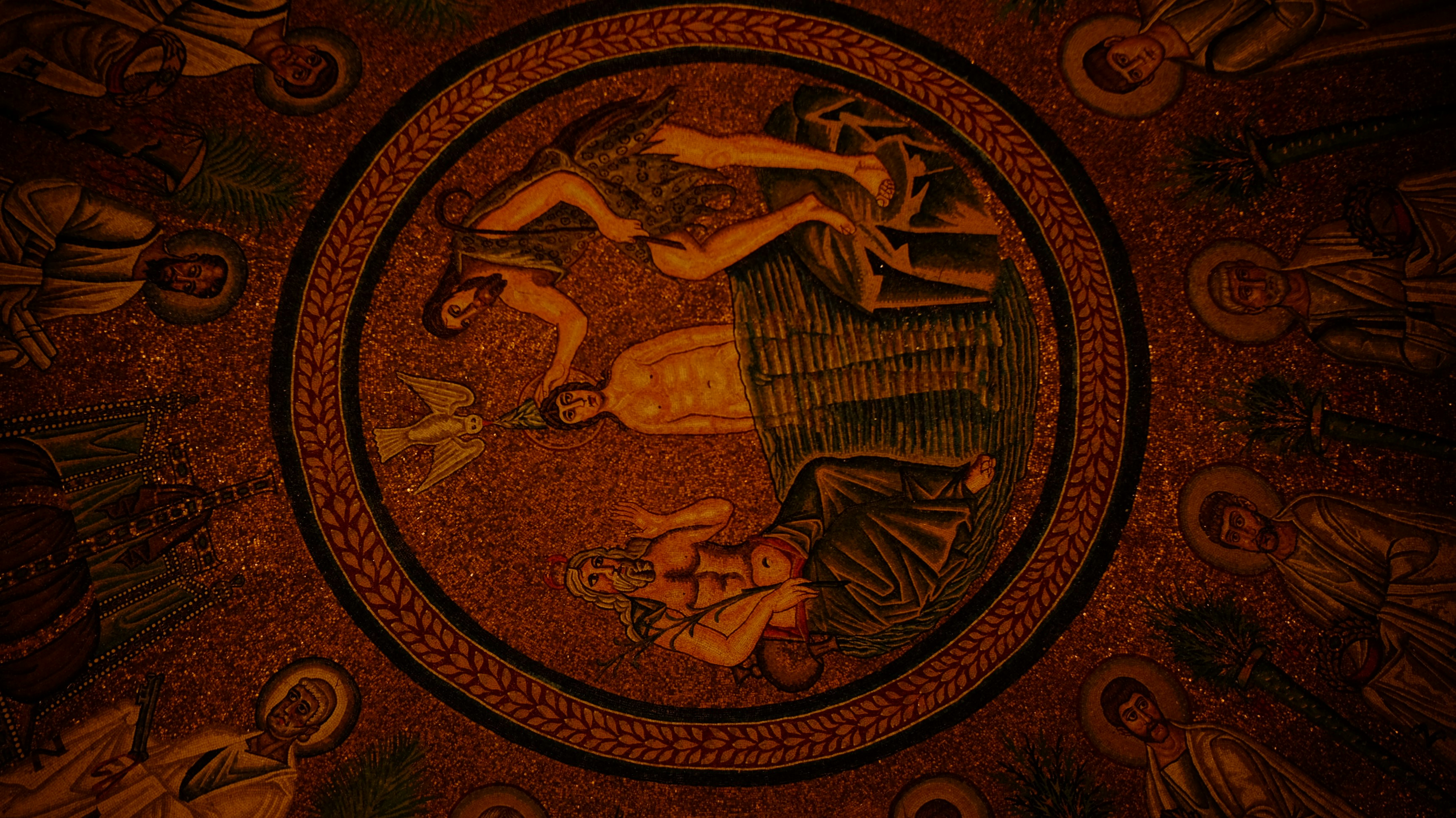 Circular Mosaic of Saints in a Bronze-Hued Basilica Floor