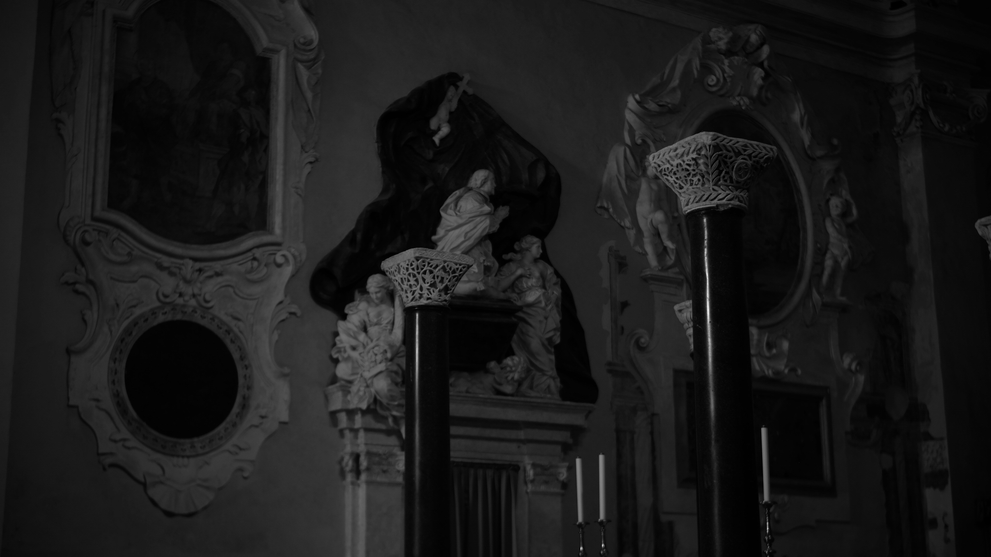 Gothic Gallery: Shadows and Silhouettes Across Ornate Pillars