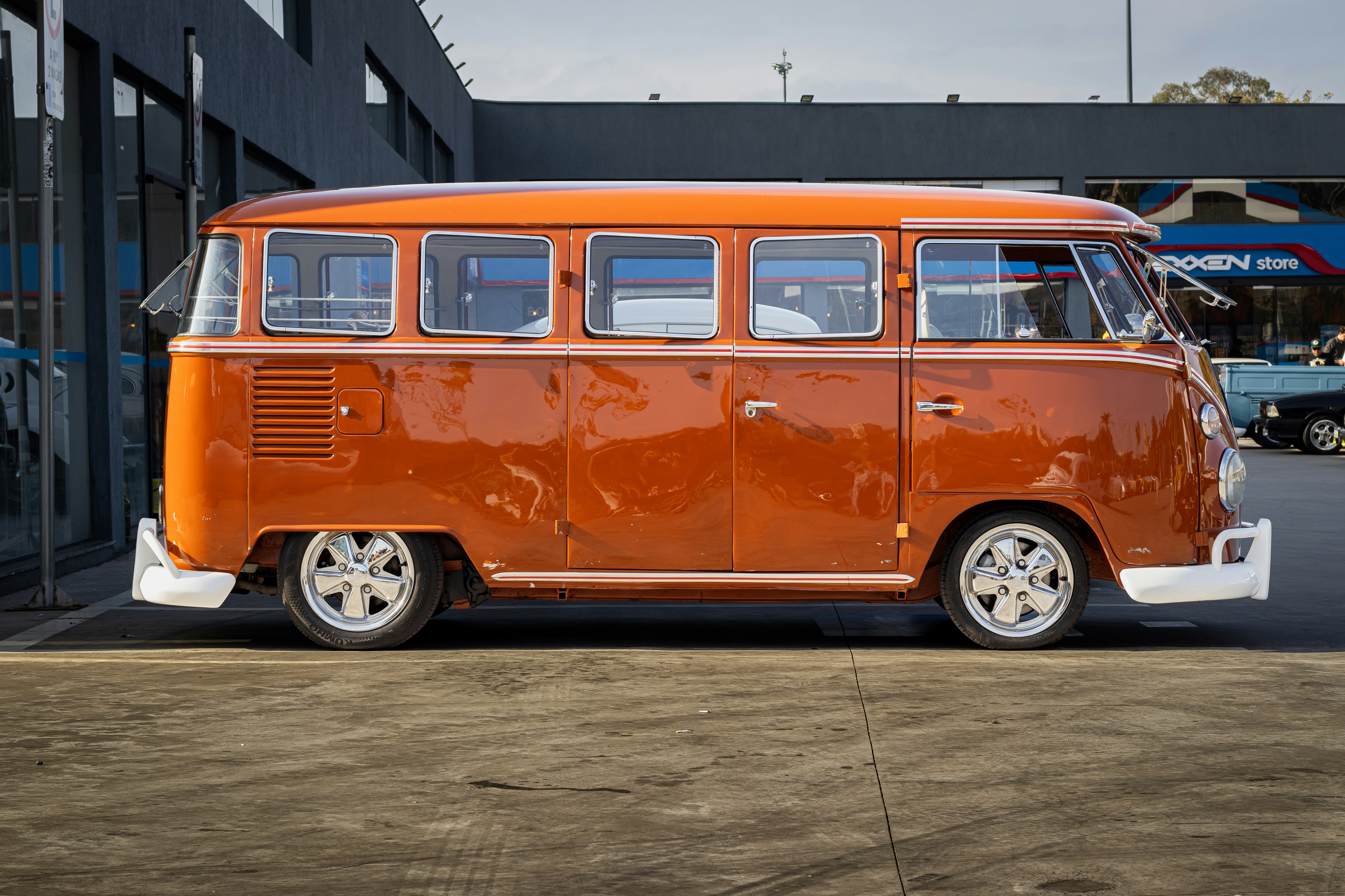 Sunny Orange Vintage Van: a chrome-clad throwback in a modern lot