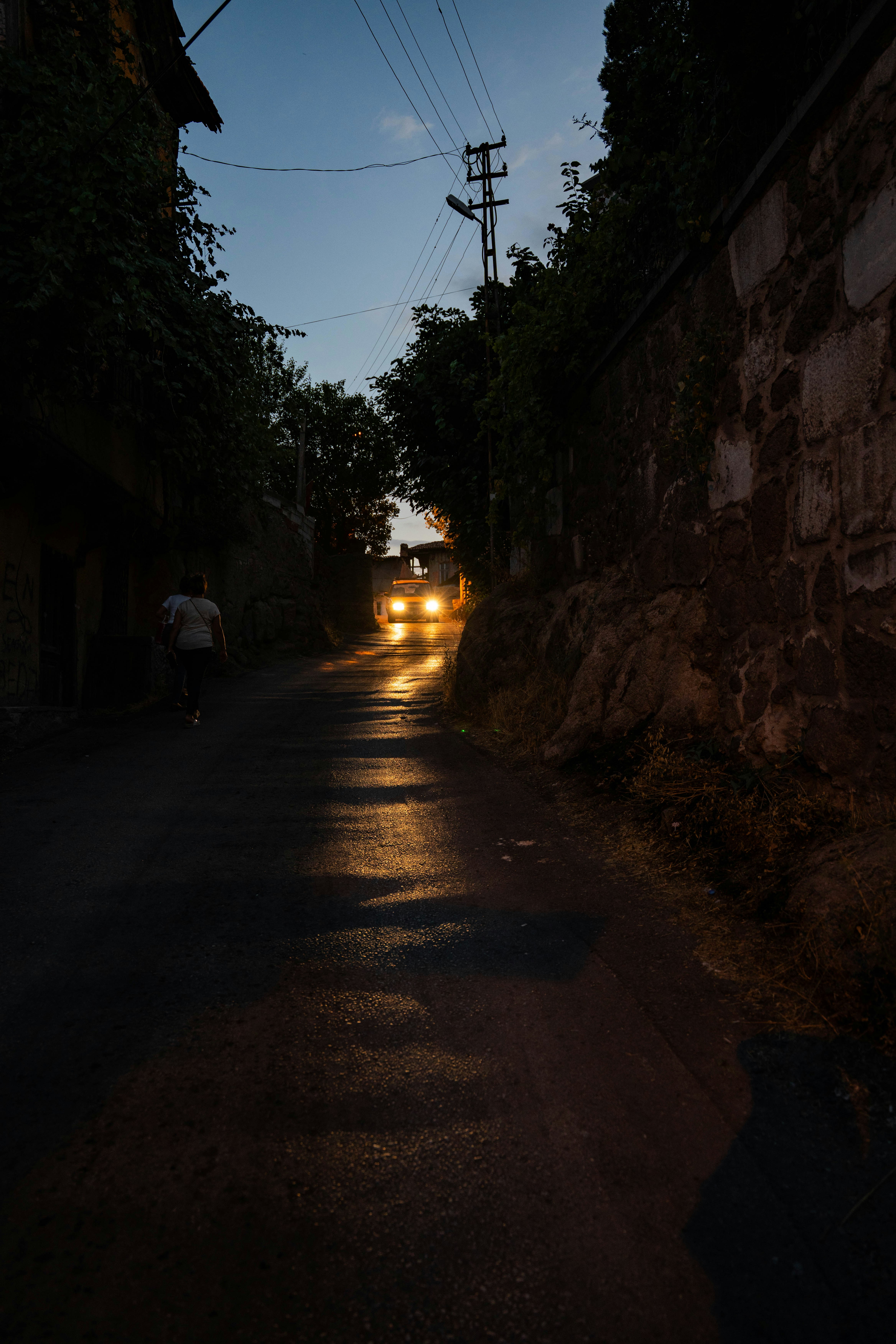 Headlights in a Narrow Evening Lane