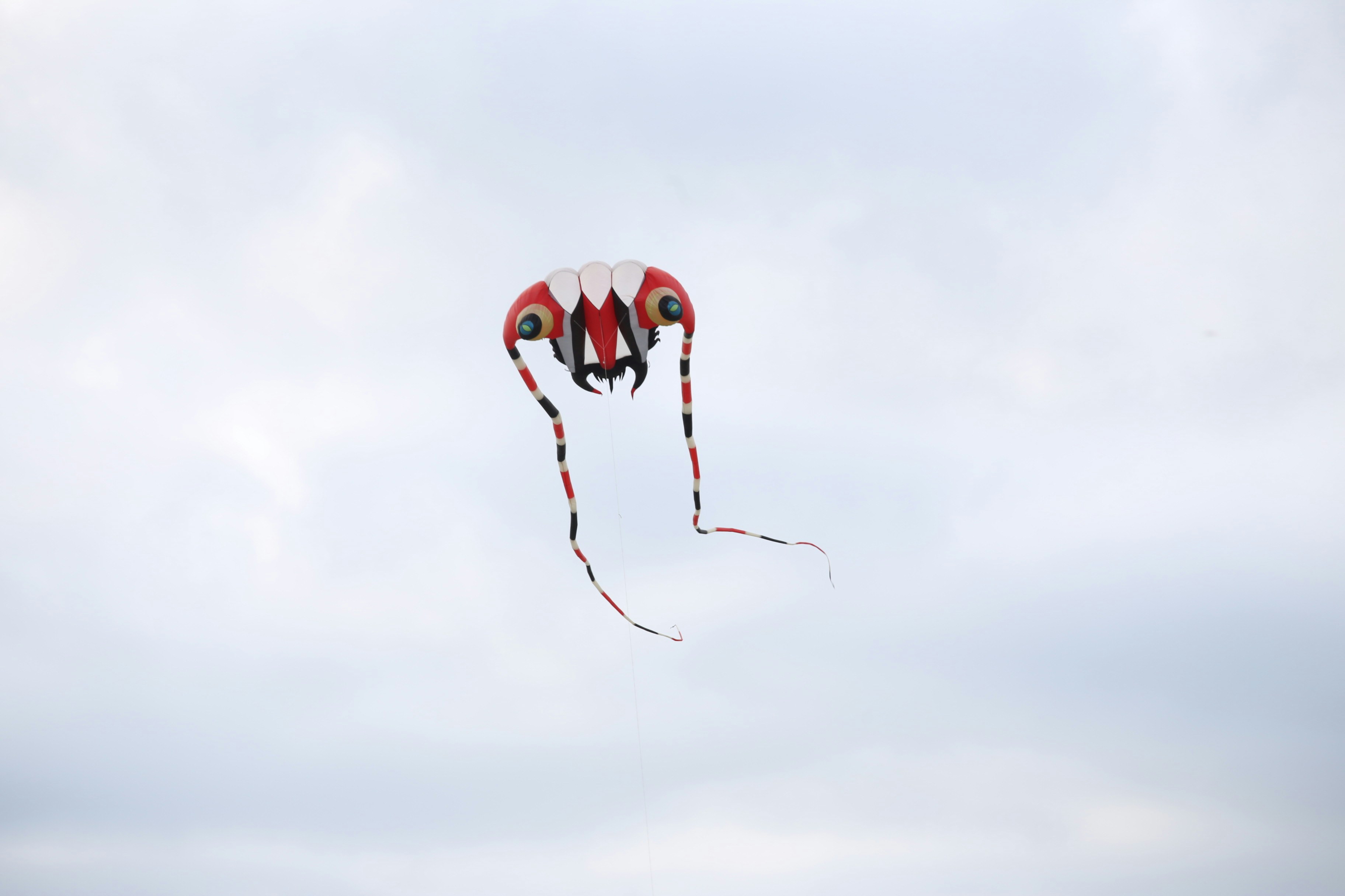 Whimsical Red-White Kite Dragon Surfing the Clouds
