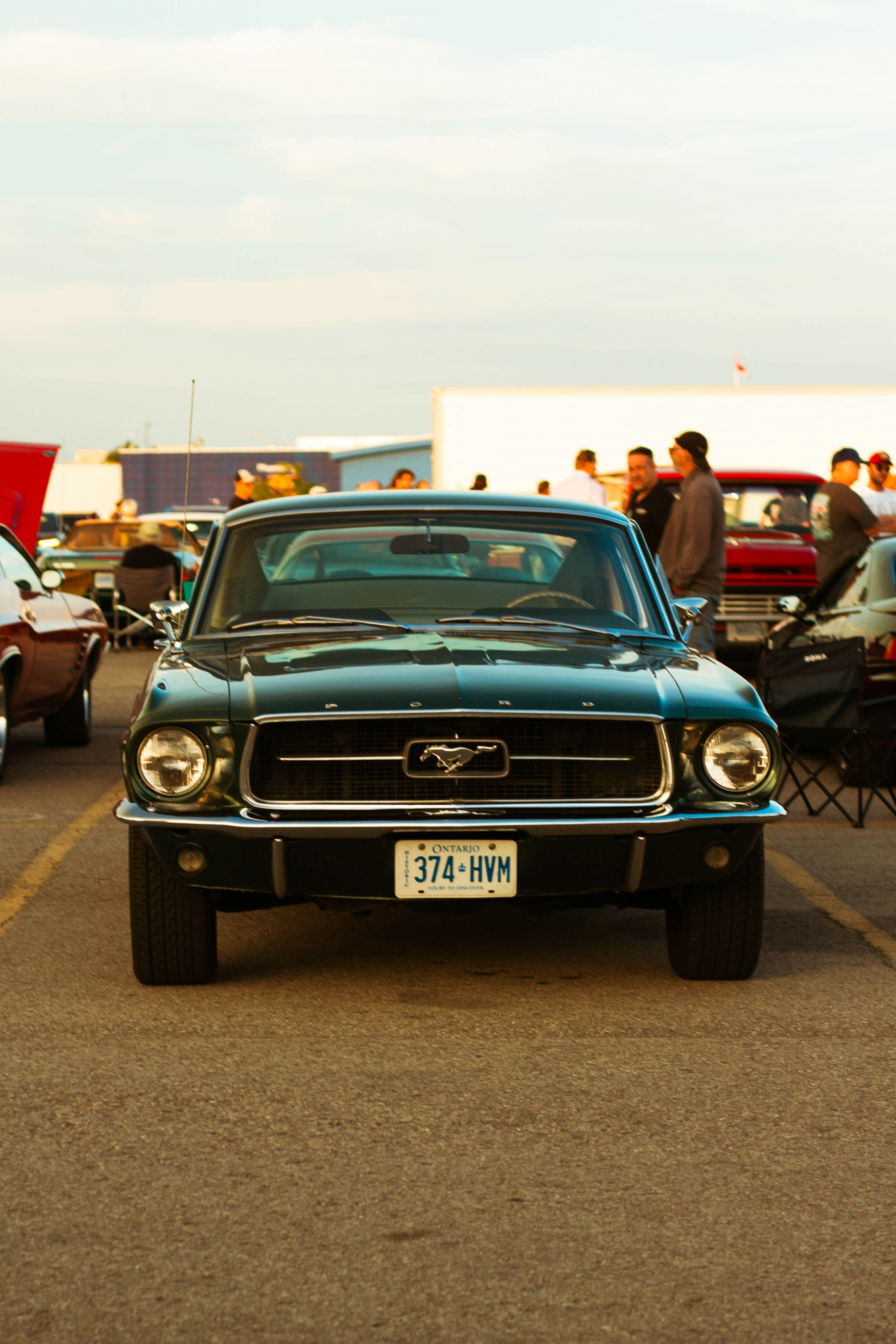 Chrome Grille at Sunset: A Blue Mustang Stares Down the Aisle