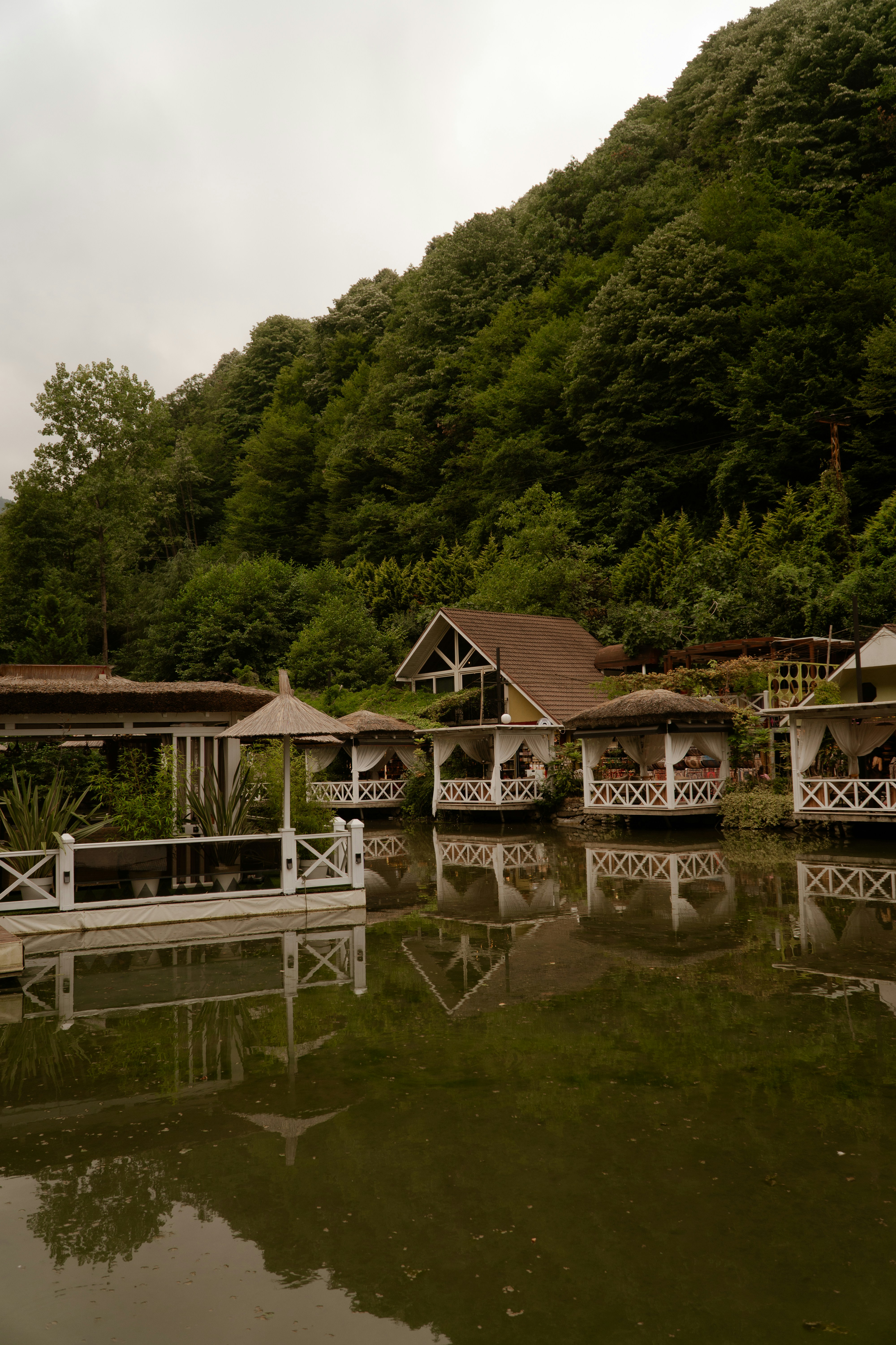Lakeside Cabins Reflecting Calm in the Pines