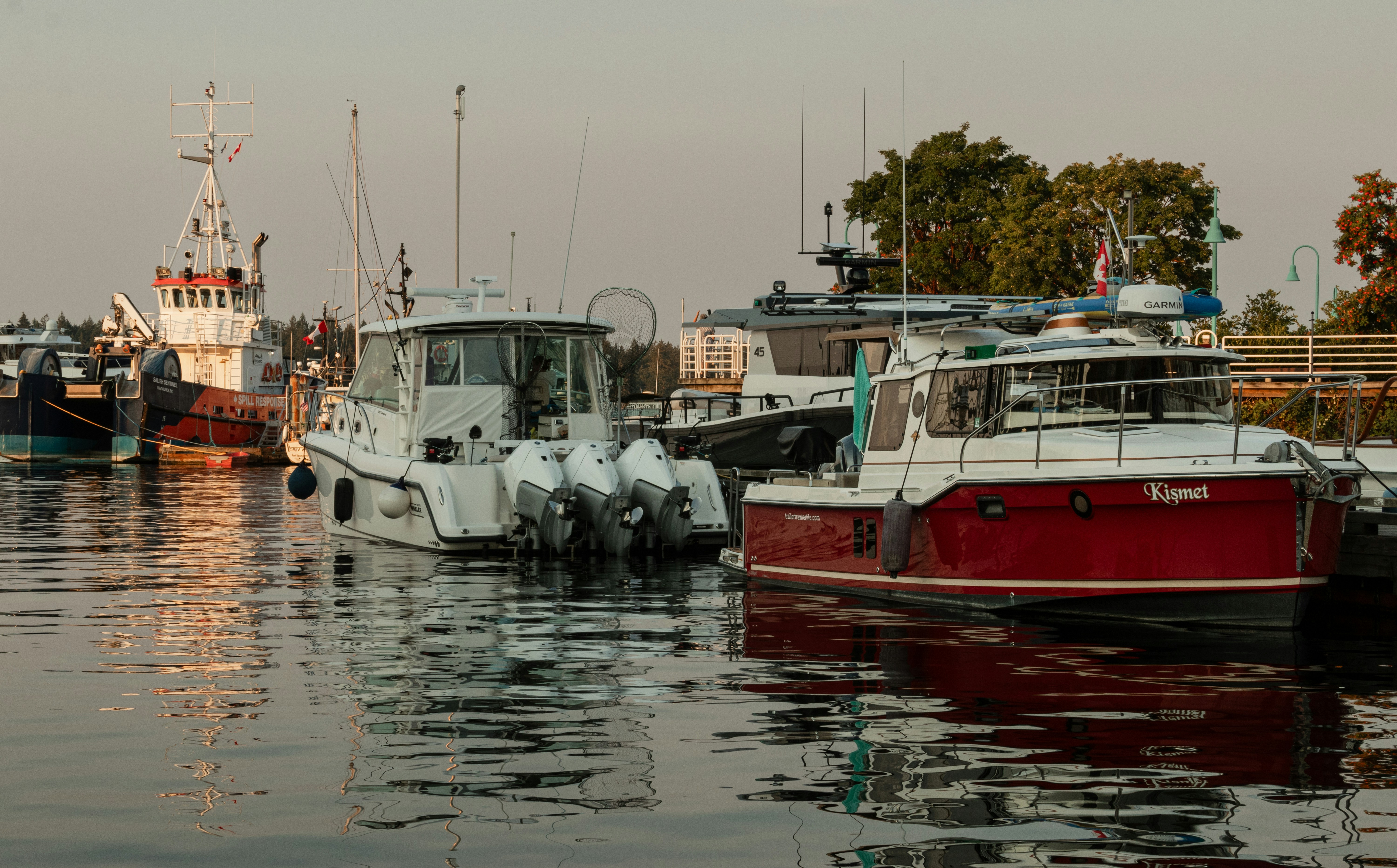 Harbor Red and White: A Quiet Dock of Boats at Dusk