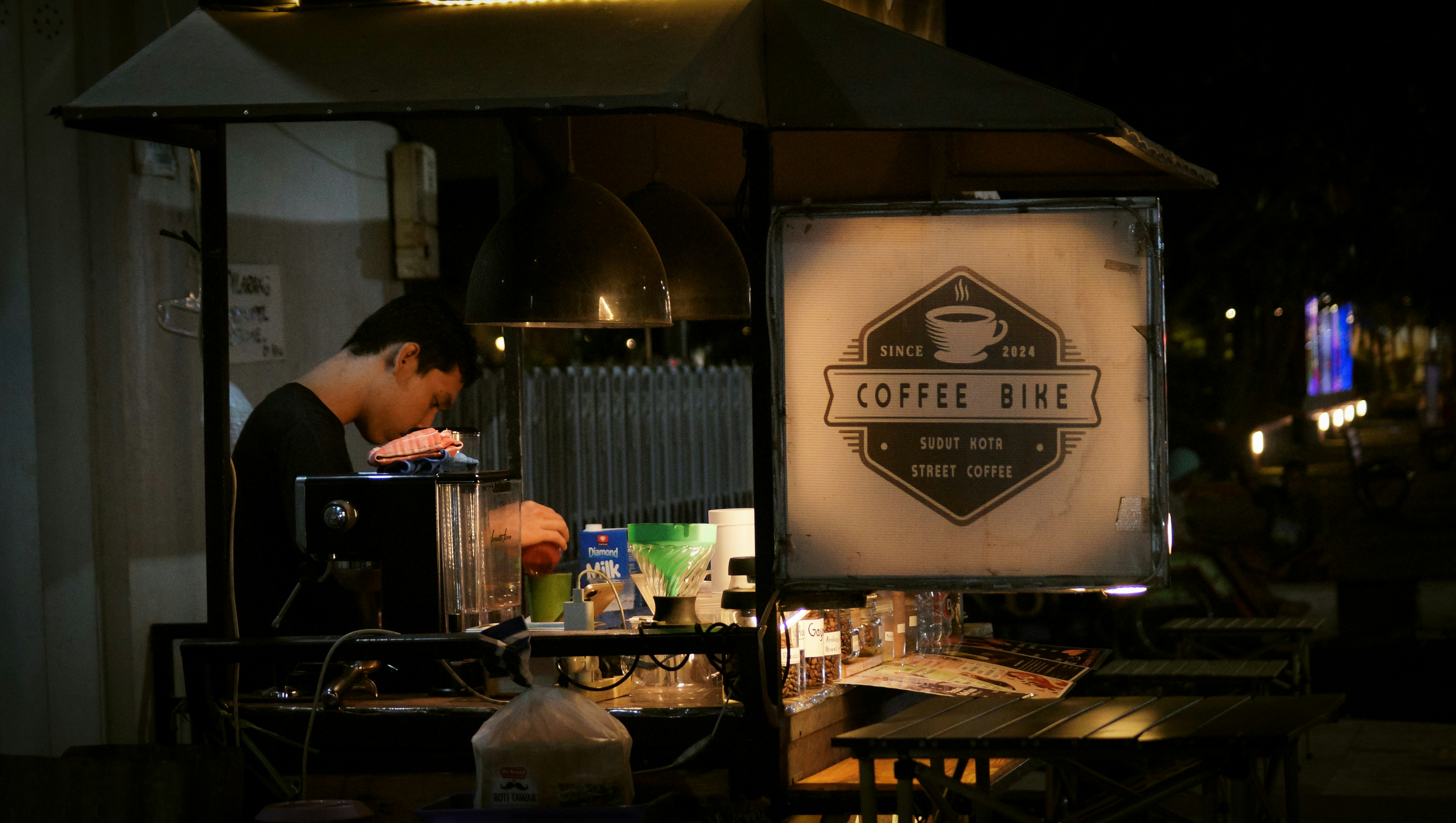 Night Shift at the Coffee Bike: Steam, Steam, and Sign