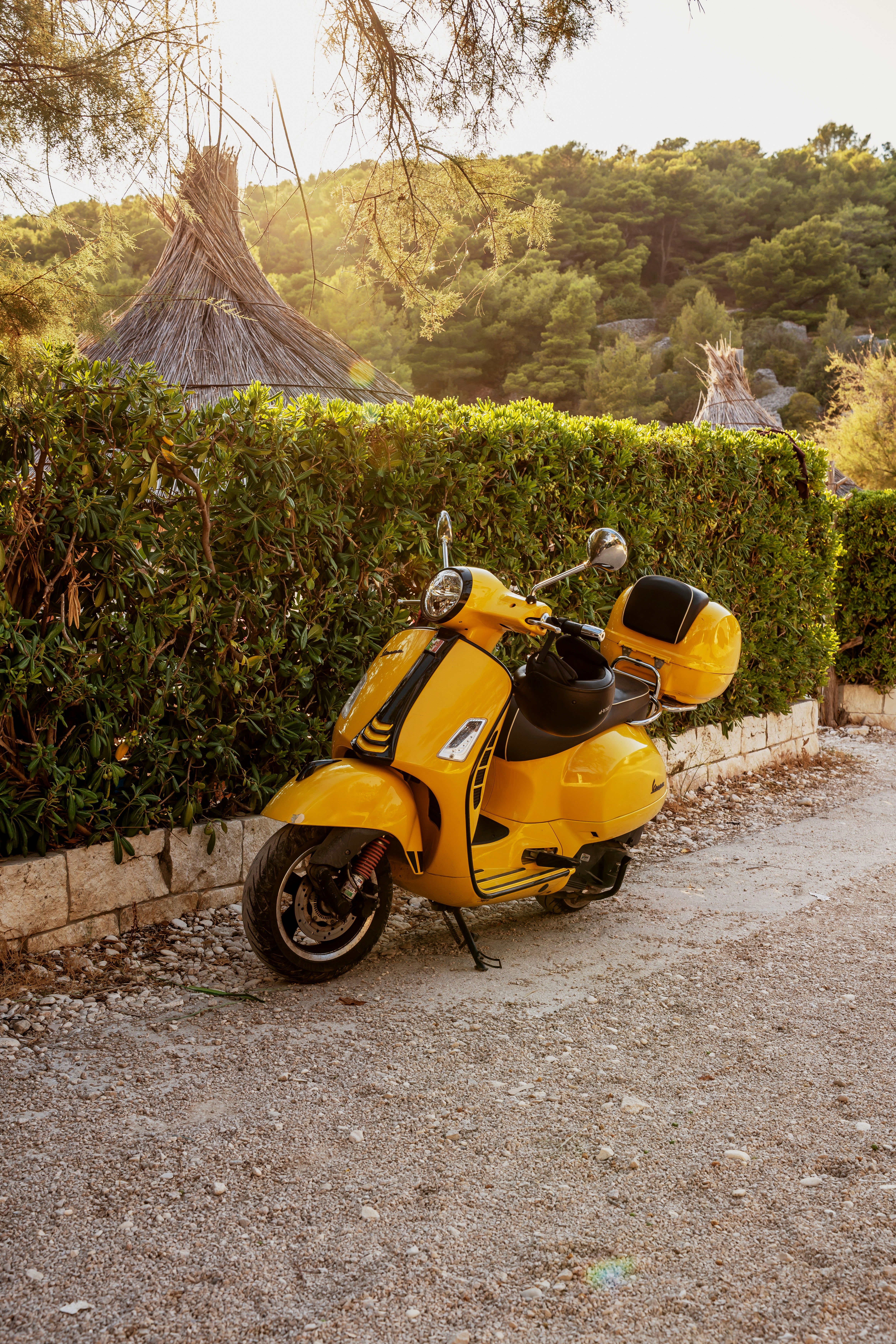 Sunny Vespa Resting by a Hedge at Sunset