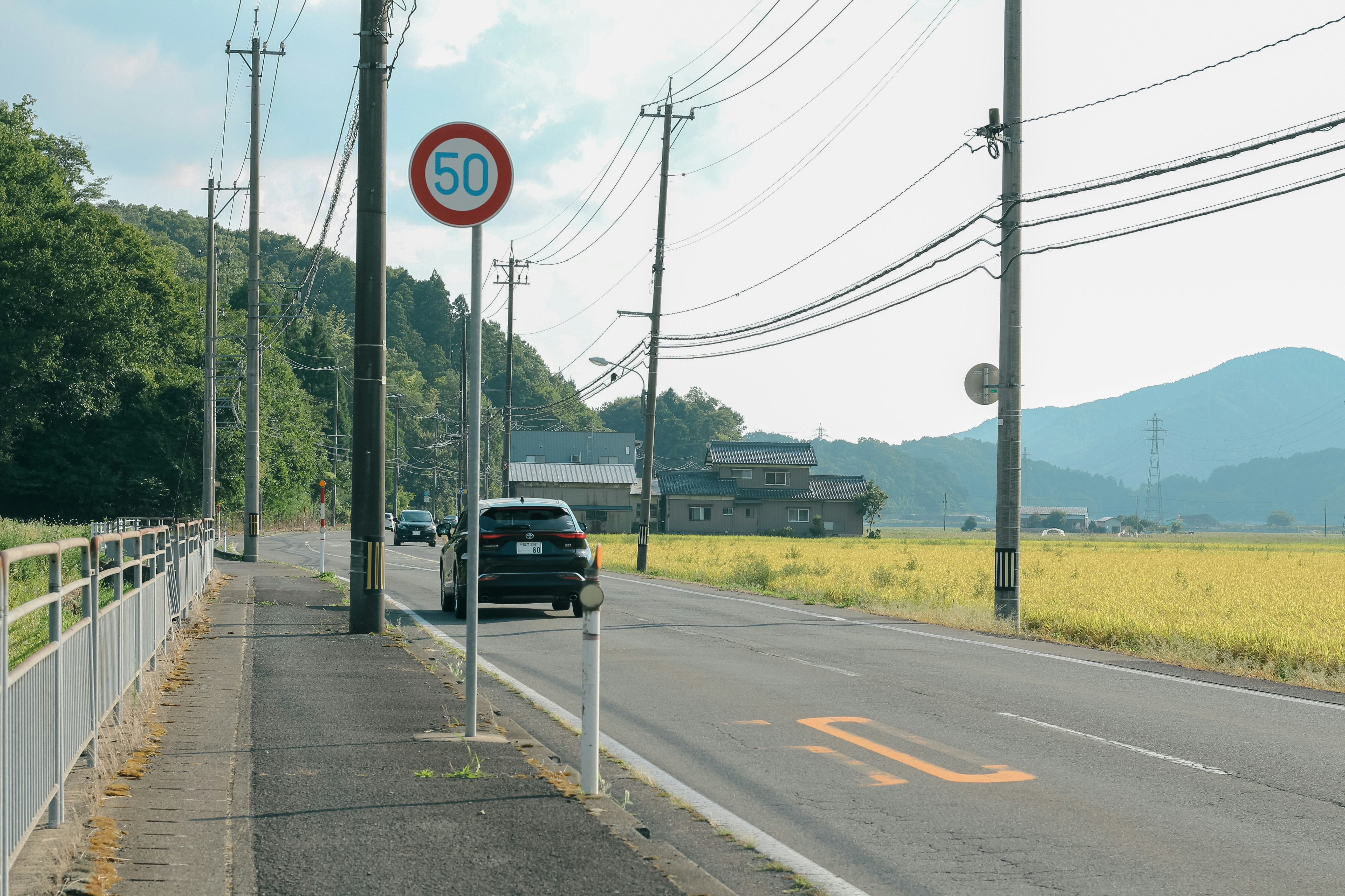 Rural Roadway Perspective: Cars, Signs, and Power Lines in a Quiet Corridor
