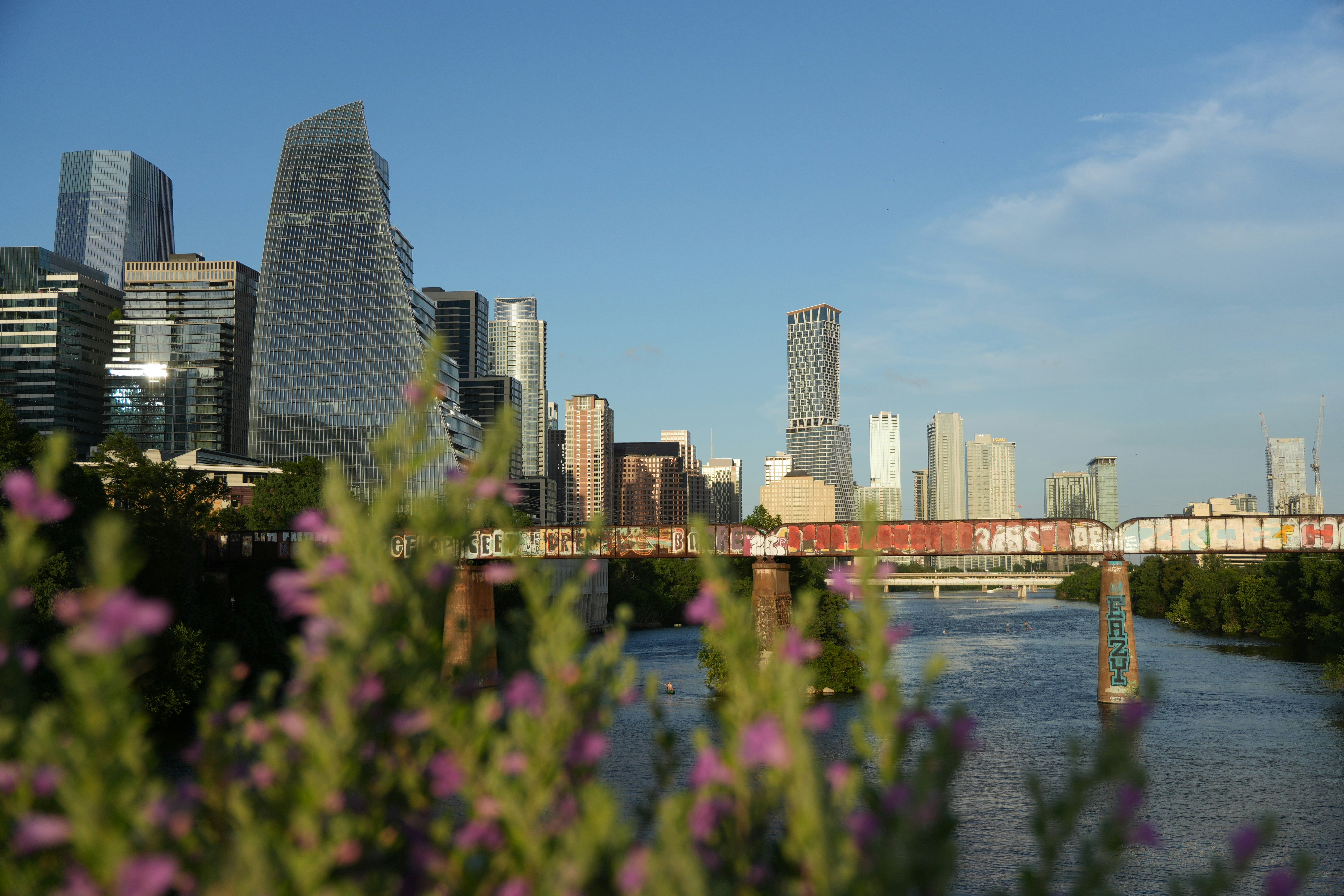 Cityscape Reflections: Towering Glass Amid Riverside Bloom