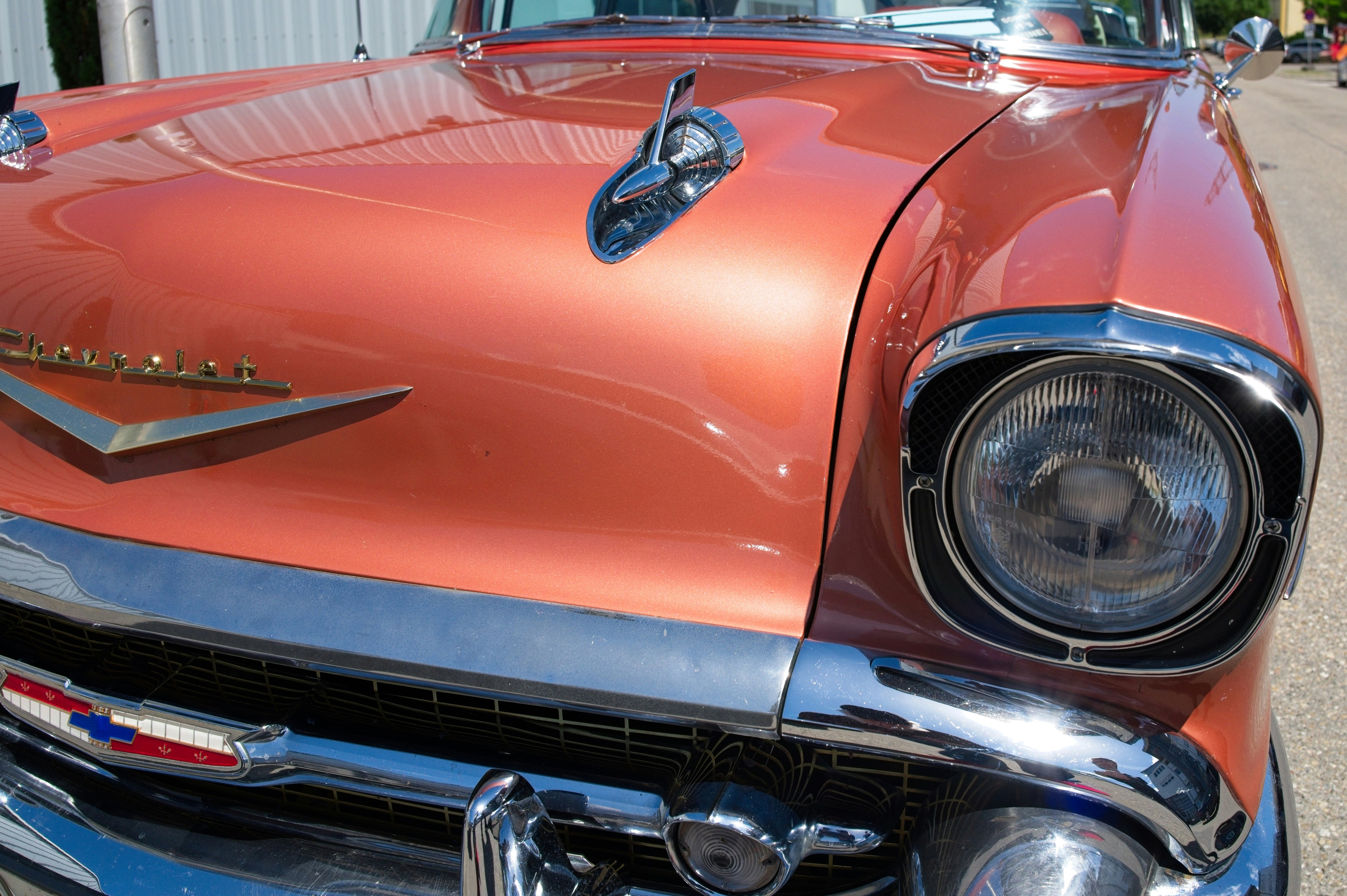 Flared Chrome and Peach Chrome: Front-Quarter of a Classic Chevrolet