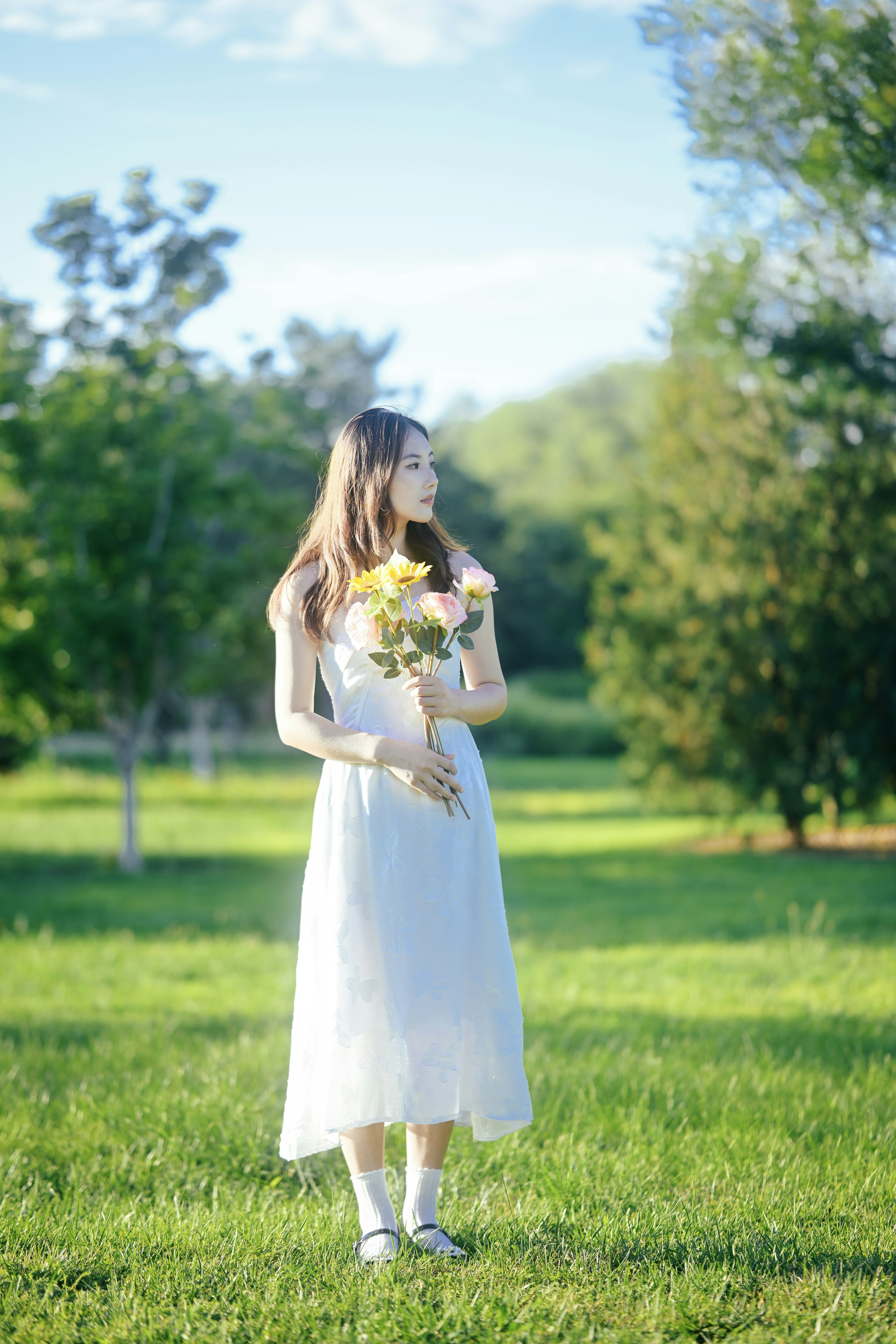 Portrait in Bloom: A Moonlit Park Reverie