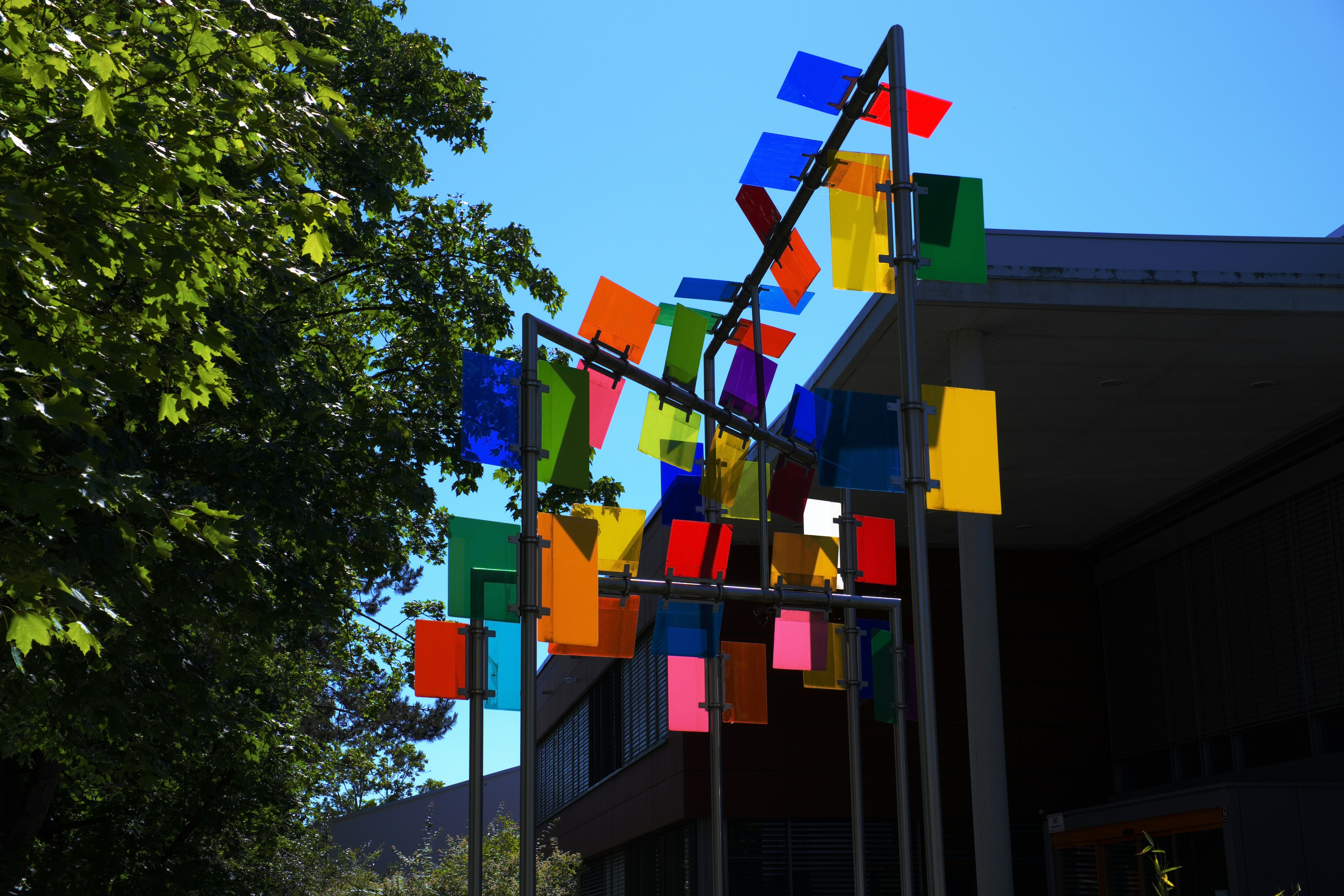 Kinetic Flags: Colorful Ascension Above a Quiet Campus