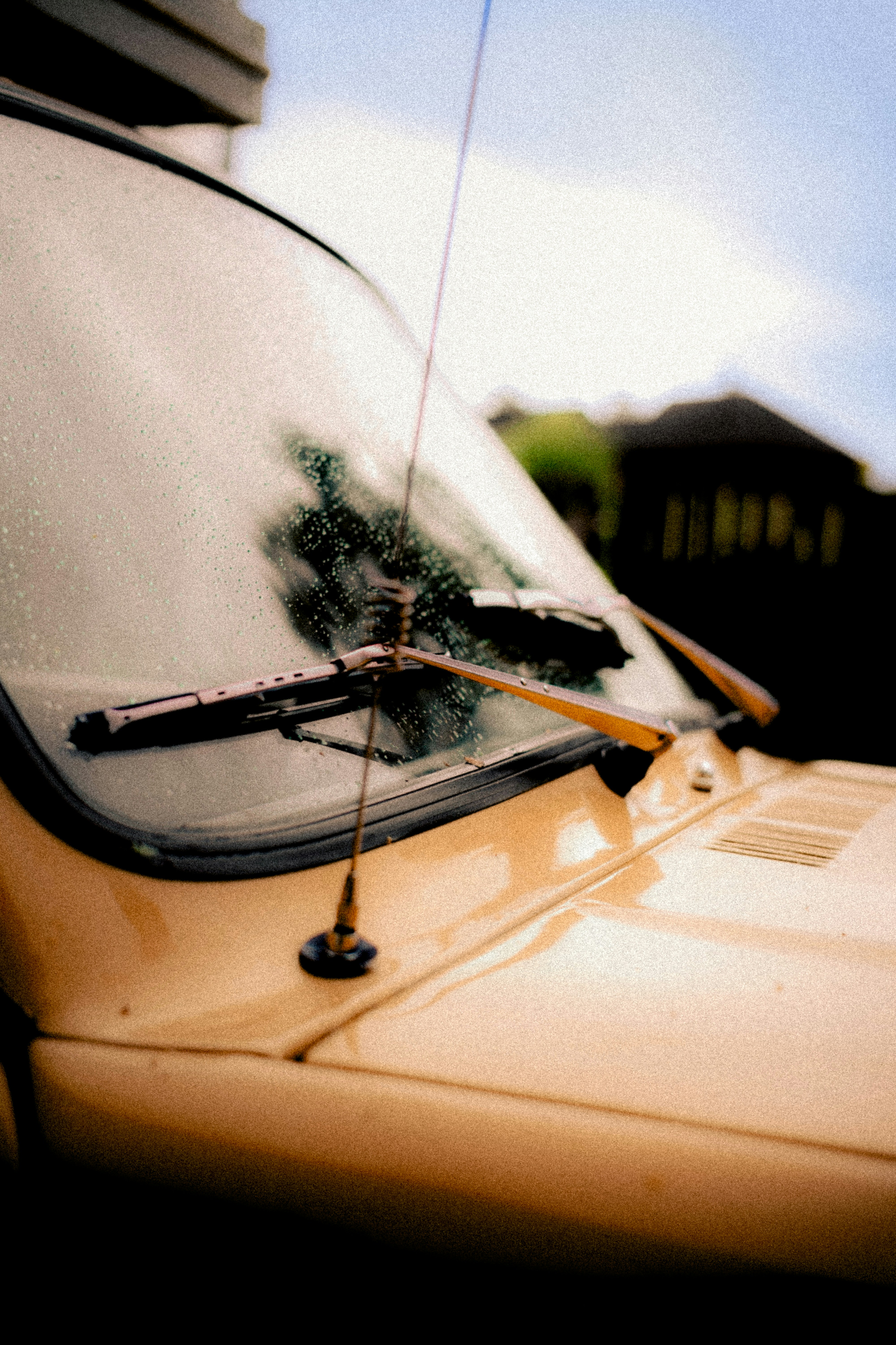 Vintage car windshield with wipers resting on the glass, shallow depth of field blurring the background and a soft sky above.