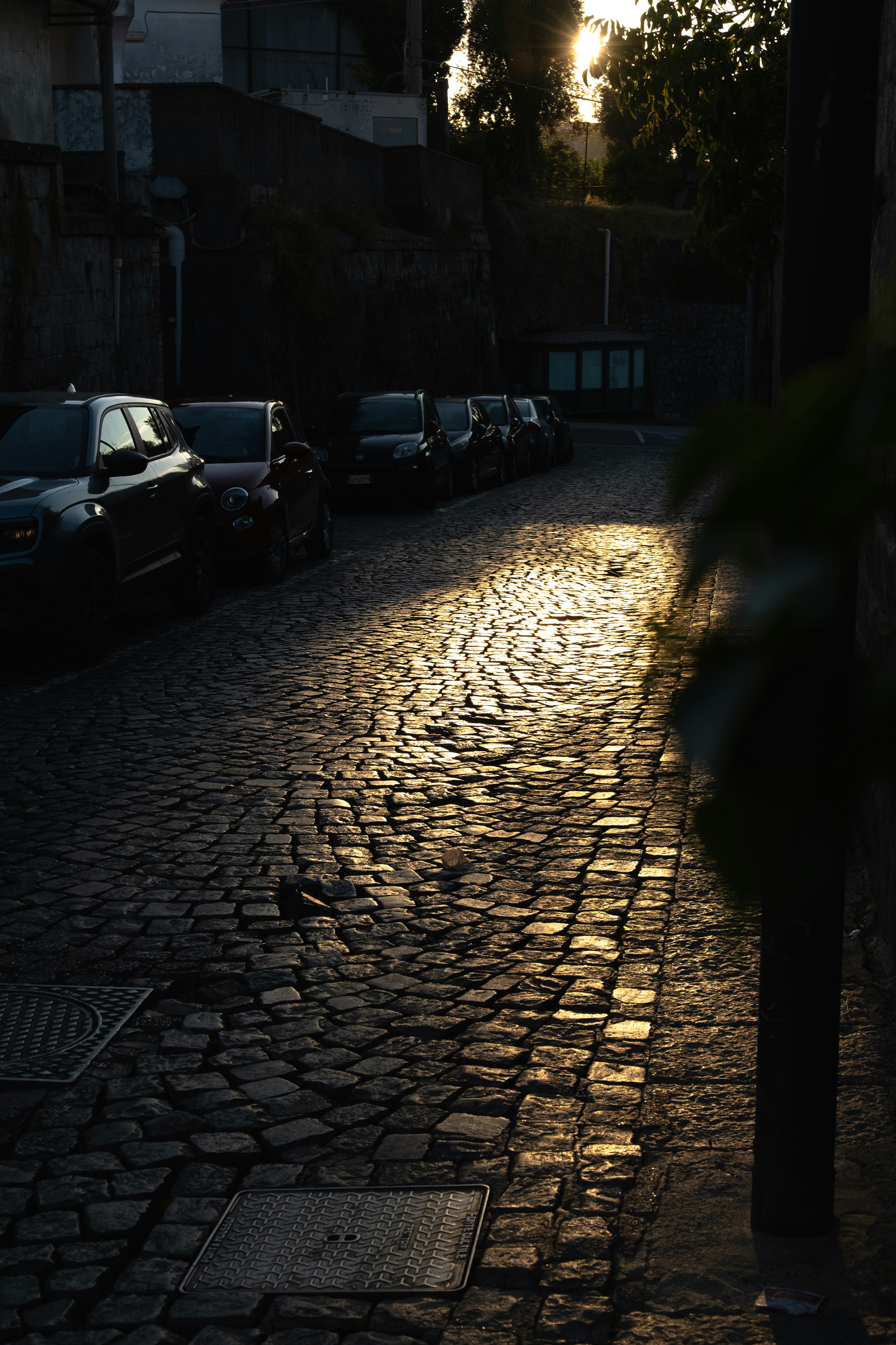Sunlit Cobblestones: A Quiet Evening Street