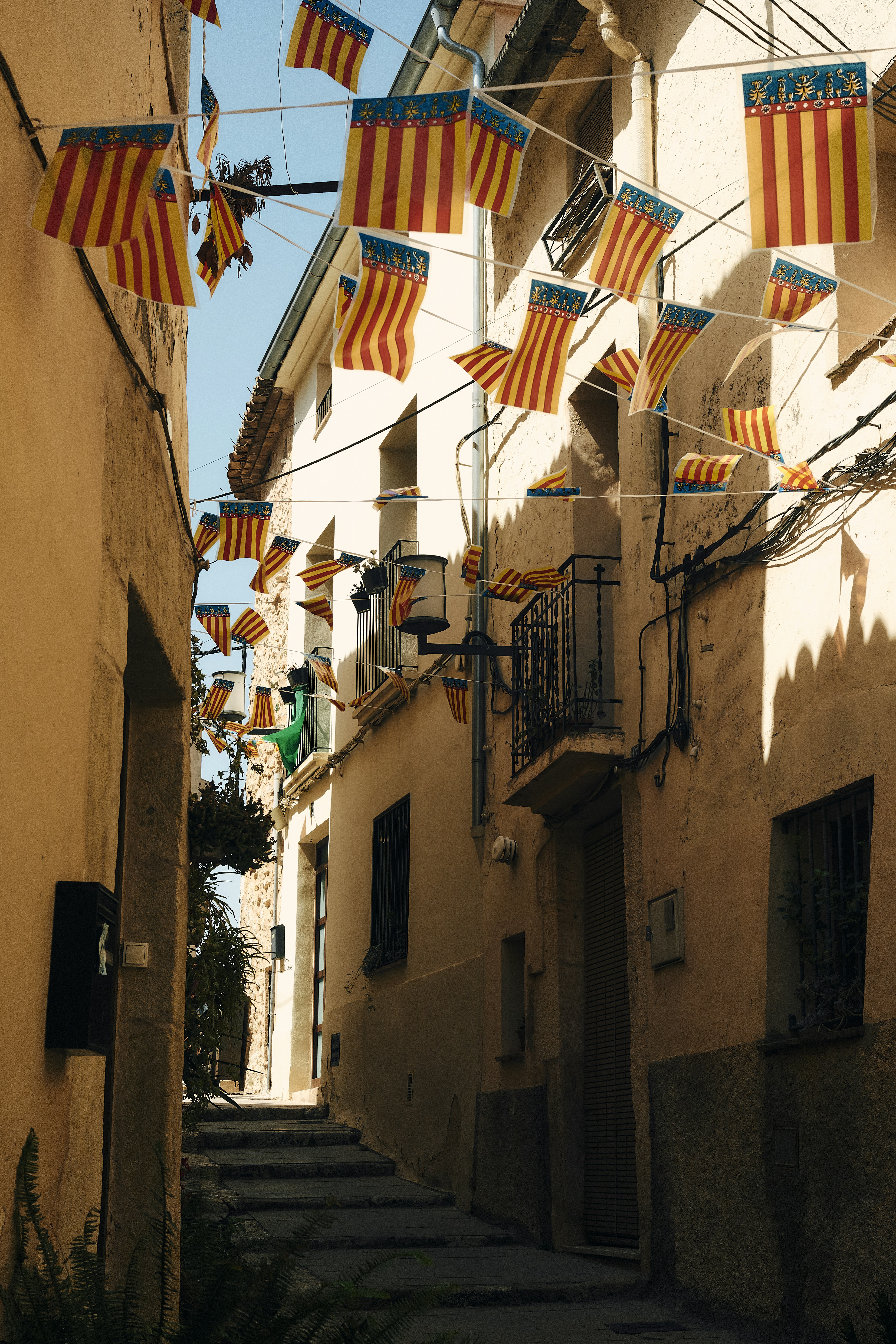 Flagged Alleys: Sunlit Calle of Striped Light